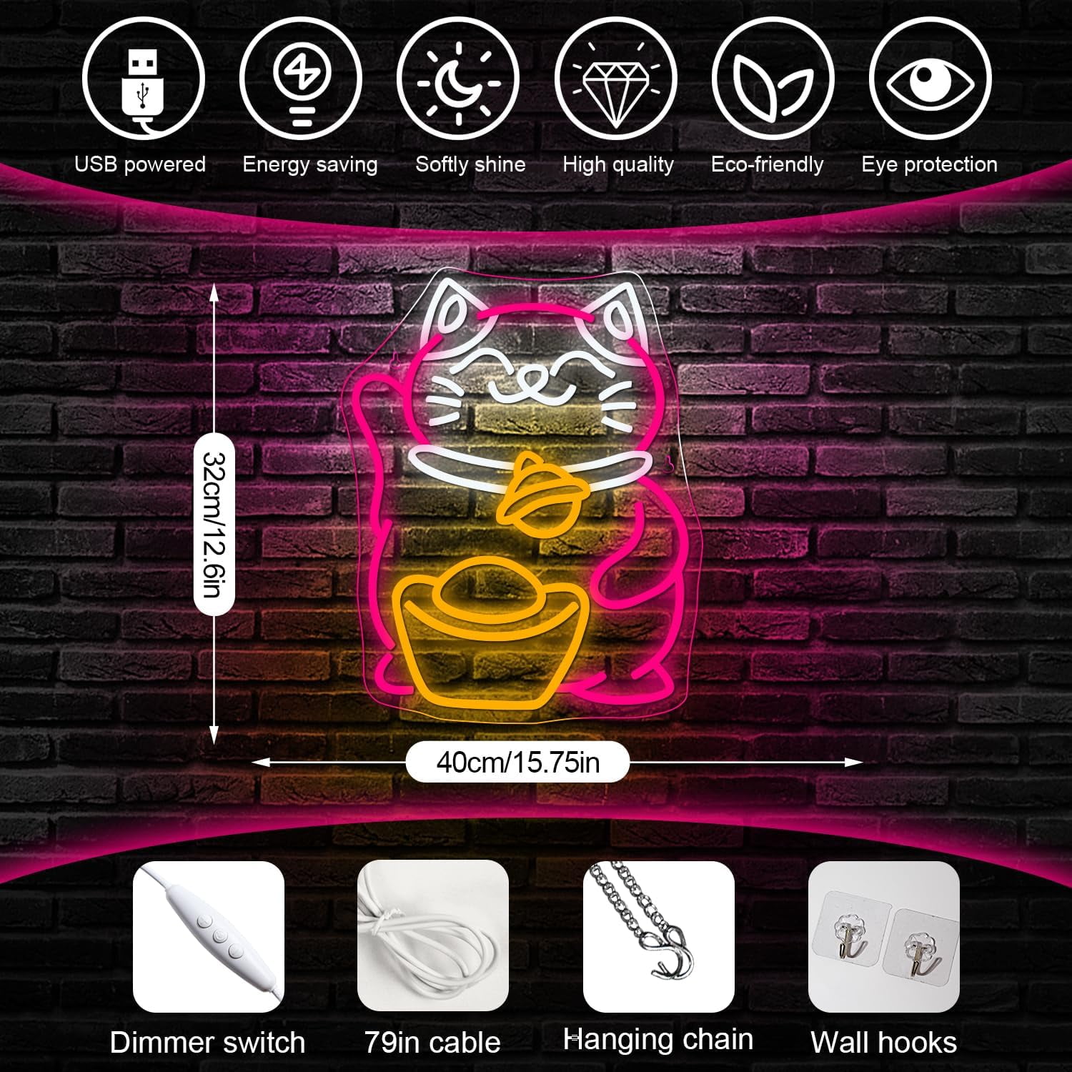 UGUCYUI-Lucky Cat Neon Sign,Dimmable Maneki Neko Neon Signs for Wall ...