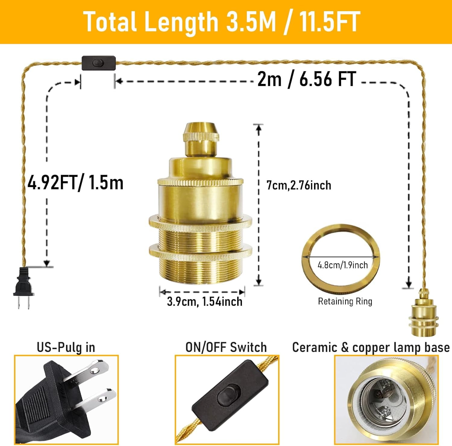 UGUCYUI-Plug in Pendant Light Kit with Switch, 11.5ft Gold Hanging ...