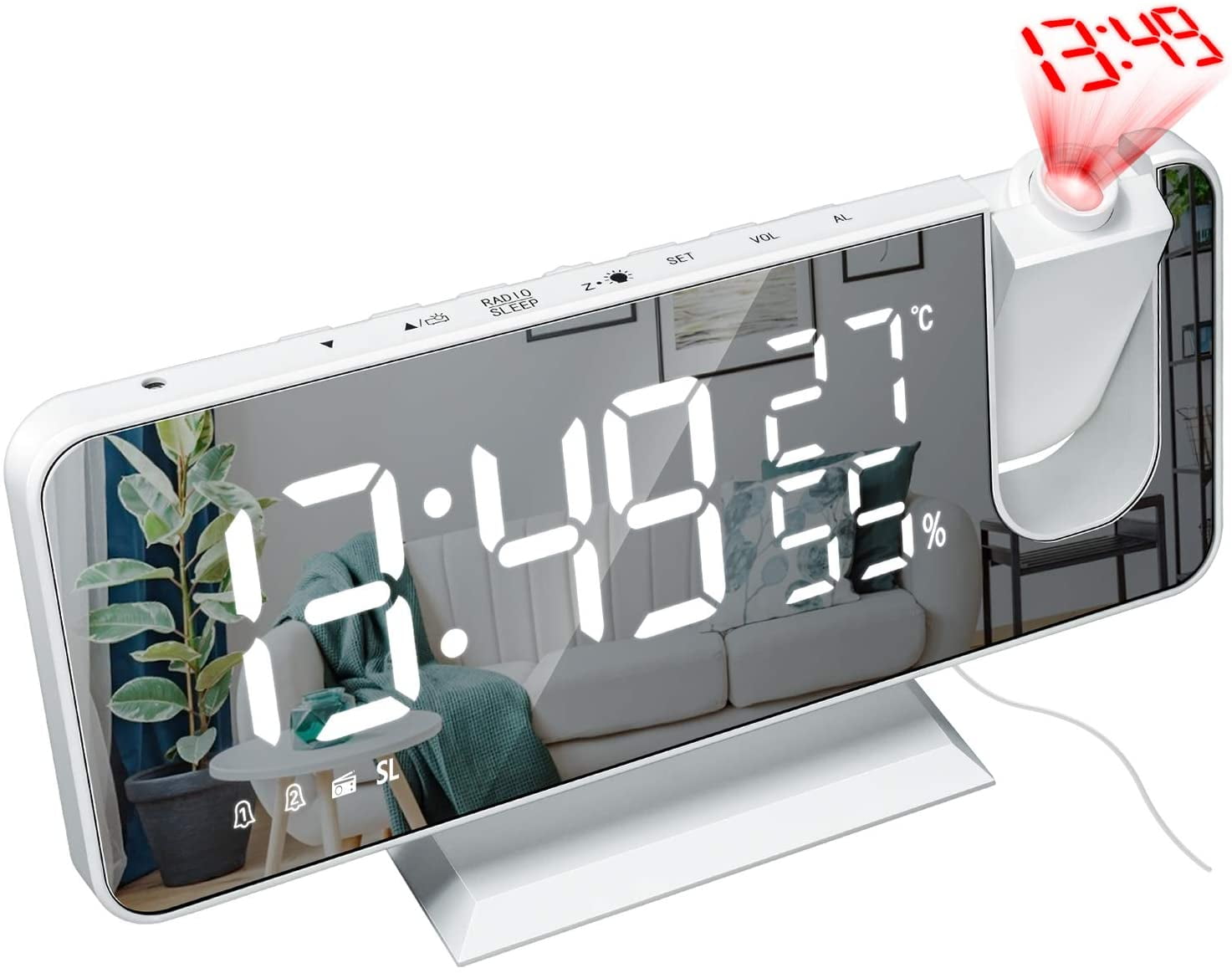 UGUCYUI-Projection Alarm Clock with USB Charger 180° Rotable Projector ...