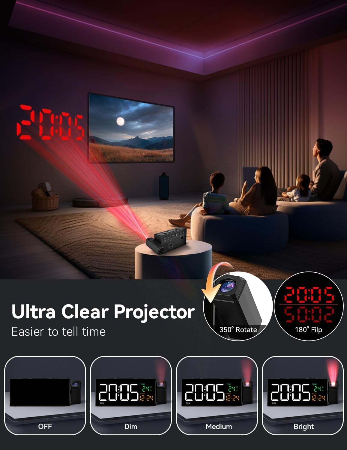 UGUCYUI-Projection Clock for Bedroom Ceiling, Alarm Clocks with 180 ...