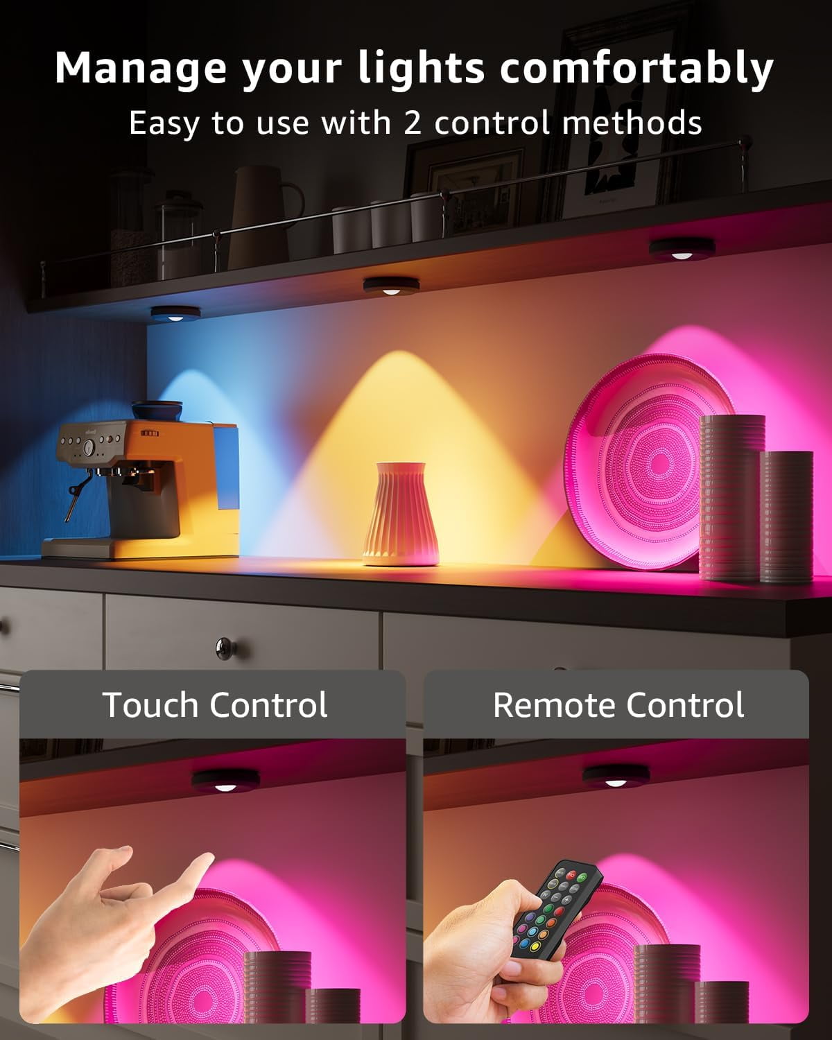 UGUCYUI-Rechargeable RGB Puck Lights with Remote, Black 2400mAh Battery ...