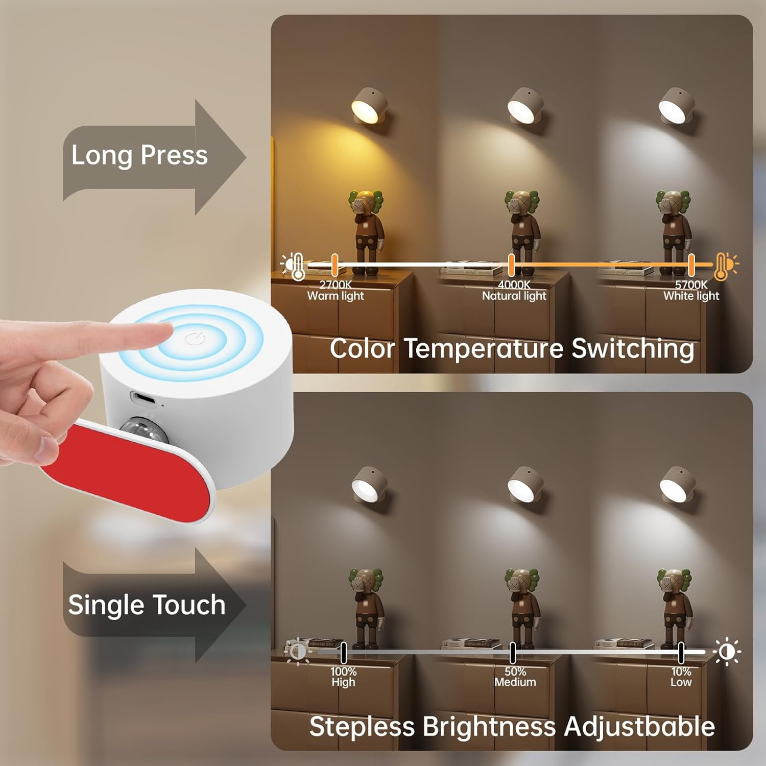 UGUCYUI-Romote LED Wall Sconce - Rechargeable Wall Light, 3 Colors & 3 ...