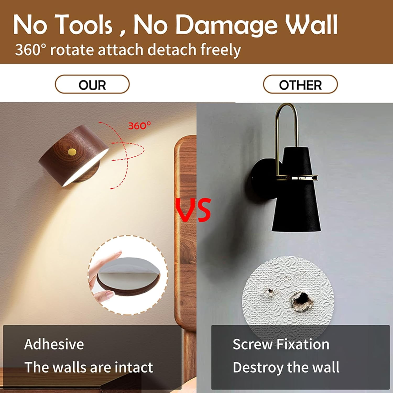 UGUCYUI-Sapele Wood Wall Sconce Bedside Lamp - Rechargeable Magnetic ...