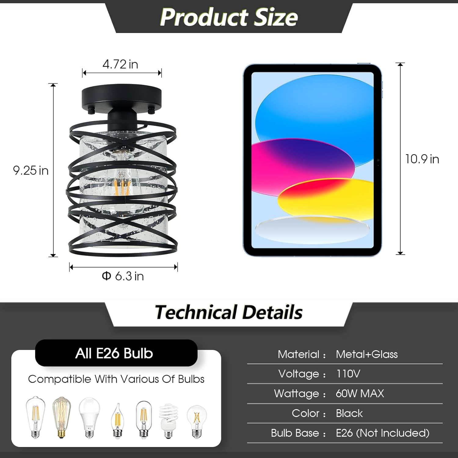UGUCYUI-Small Ceiling Light Metal Cage Seeded Glass Flush Mount Ceiling ...
