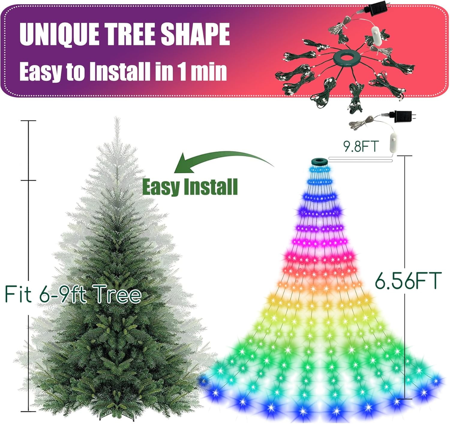 UGUCYUI-Smart Christmas Tree Lights, 6.5Ft Drop Line Go Over Tree ...