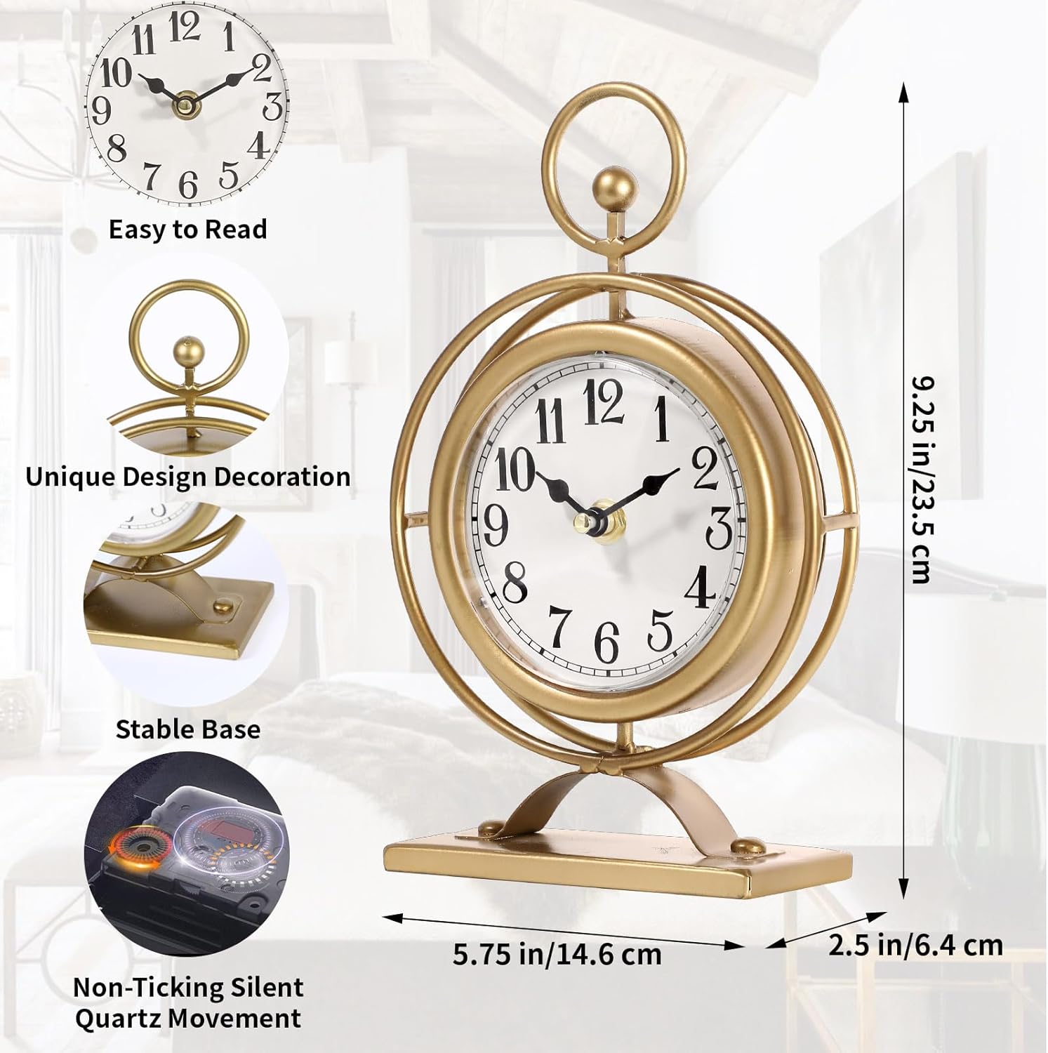 UGUCYUI-Vintage Table Clock on Stand, Decorative Metal Desk Clock ...