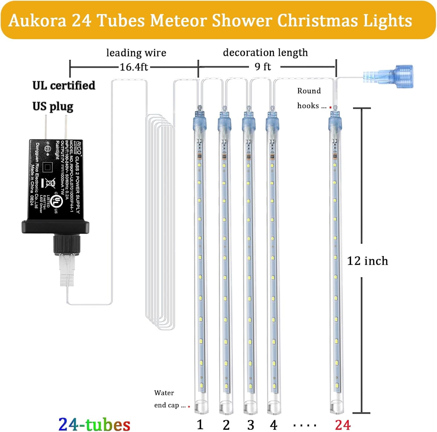 UGUCYUI-White Christmas Lights Outdoor, UL Plug 24 Tubes 576 LEDs ...