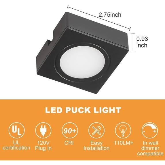 UGUCYUI-Wired LED Puck Lights Square 2.68" Wide 3000K, 120V Plug-in or Hardwired Installation ...