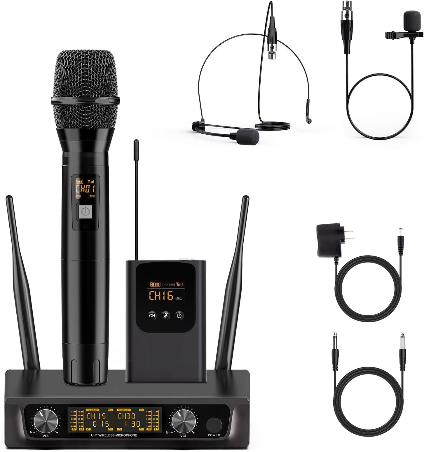 UHF Microphone System Set: Metal Cordless Handheld/Headset/Lavalier ...