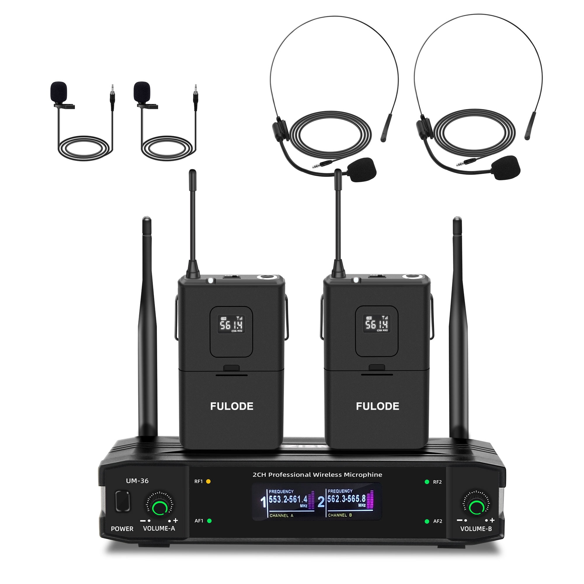 UHF Wireless Lavalier Microphone System with Headset & Lapel Mics, Dual ...