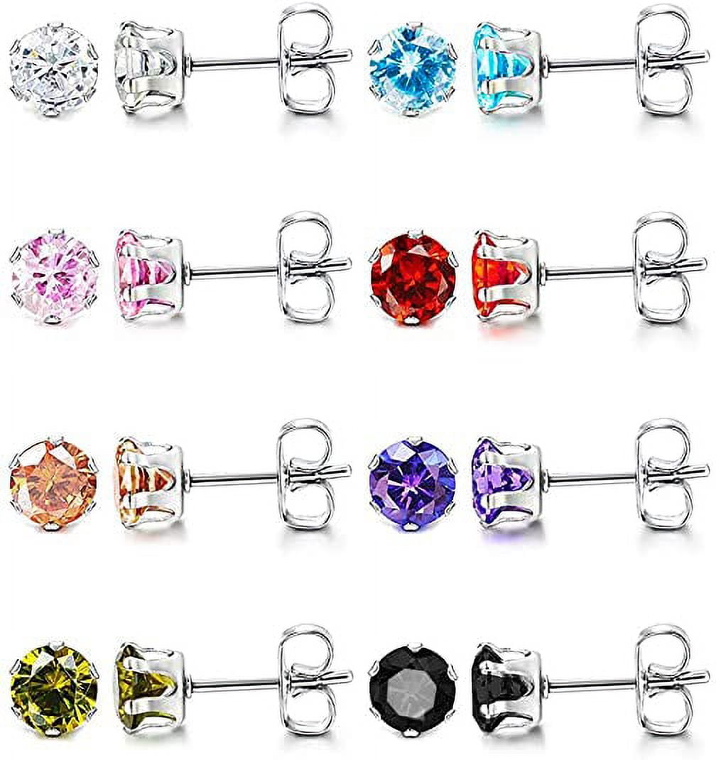 UHIBROS Stainless Steel Stud Earrings Cubic Zirconia Multicolor Set 18K ...