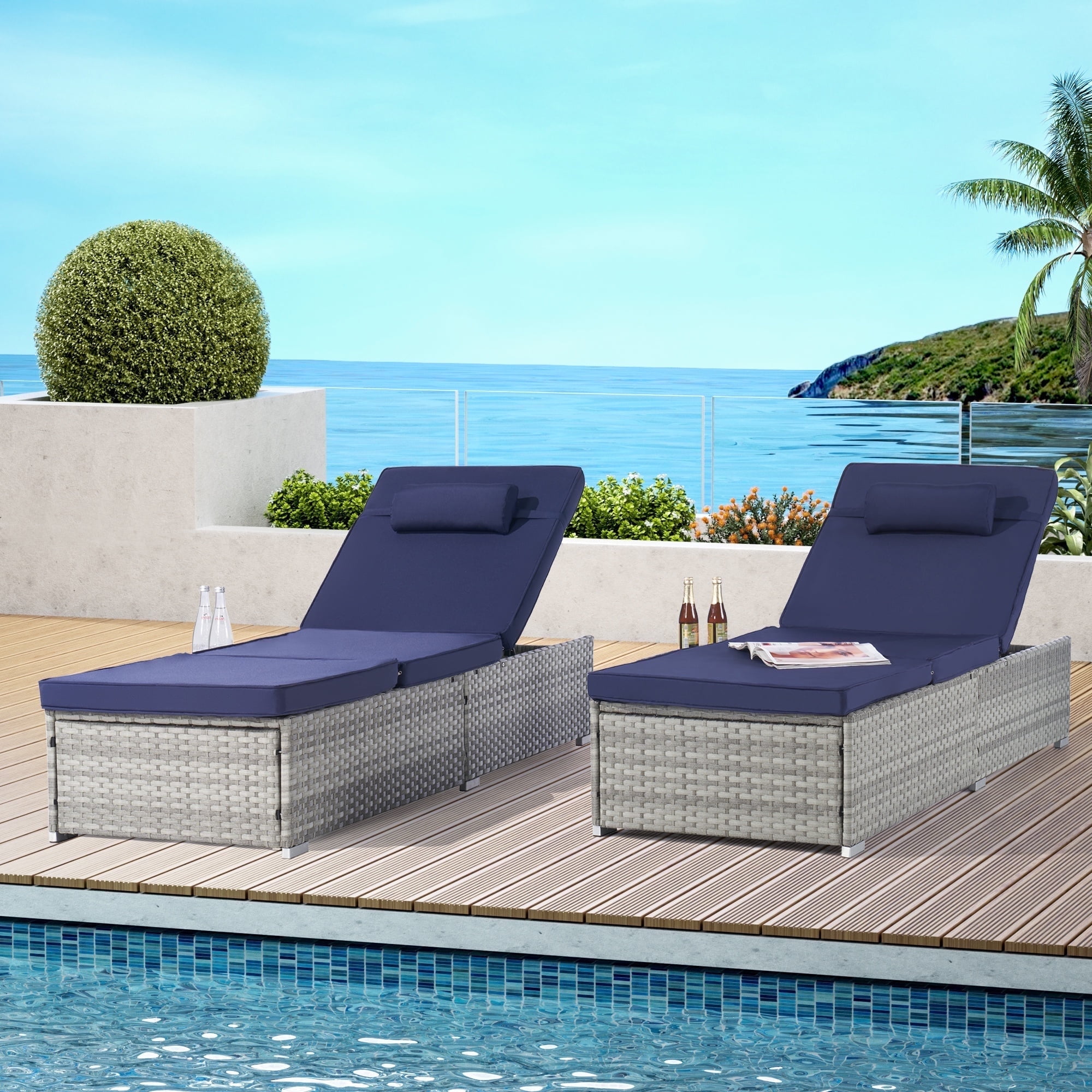 UHOMEPRO 2PCS Outdoor Chaise Lounge, Modern Patio Wicker Chaise Lounge ...