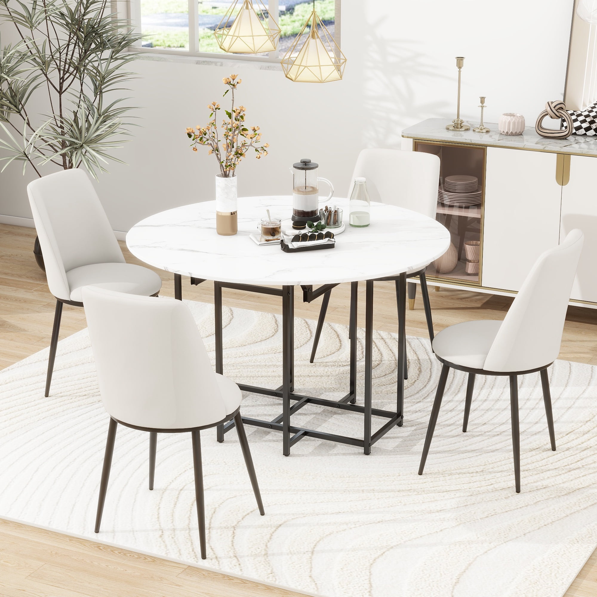 UHOMEPRO 5 Piece Extendable Dining Table Set, Modern Faux Marble ...
