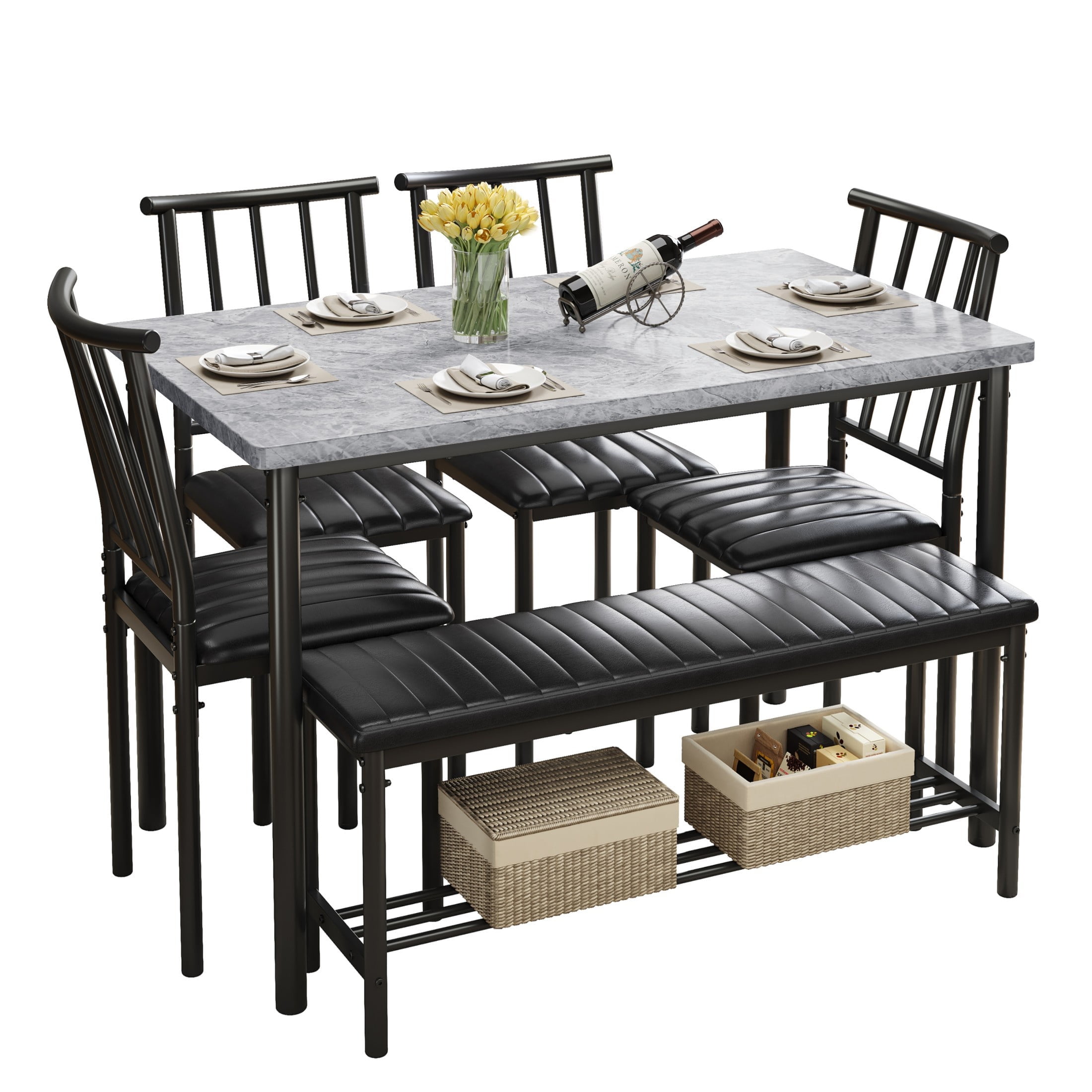 UHOMEPRO Dining Table Set for 6, 6 Piece Kitchen Table Set with 4 PU ...