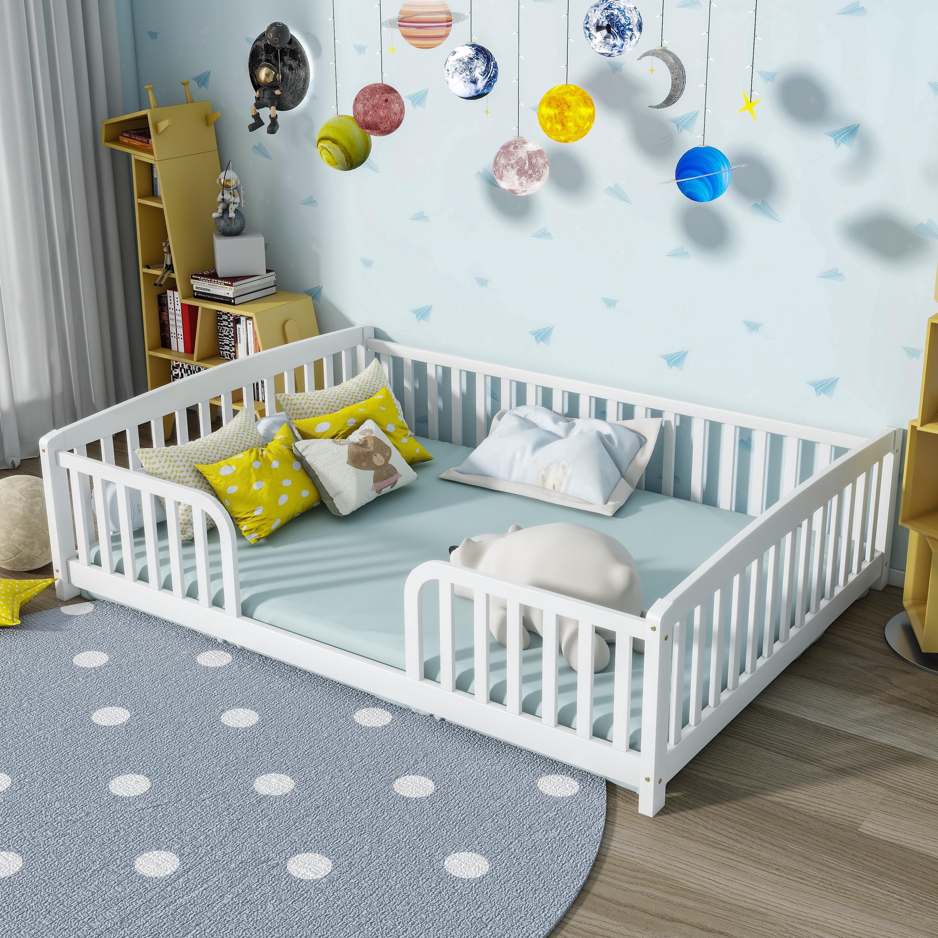 UHOMEPRO Full Kids Floor Bed with Fence, Montessori Pine Wood Bed with ...
