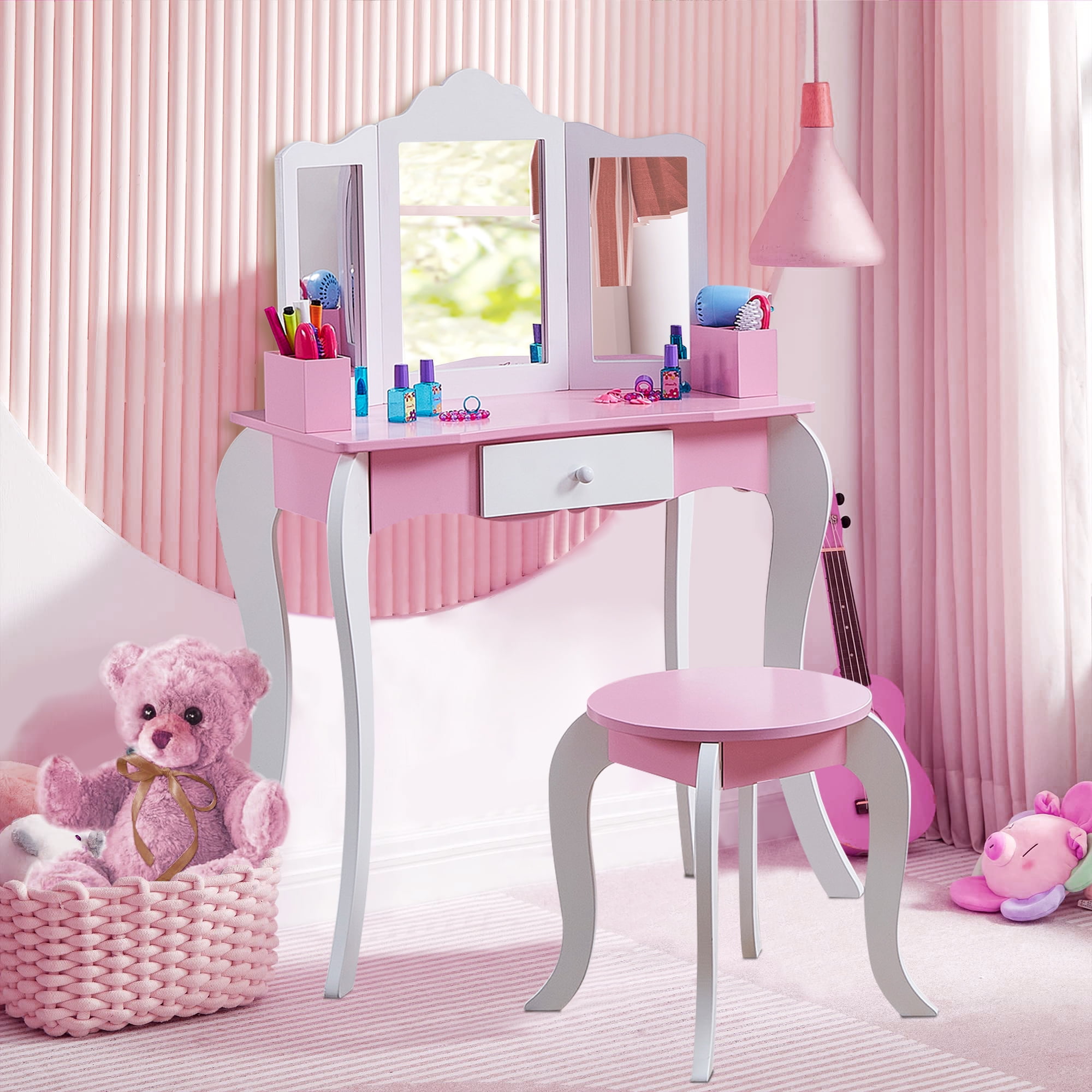 UHOMEPRO Kids Vanity Set, Princess Makeup Vanity with Mirror, Stool ...
