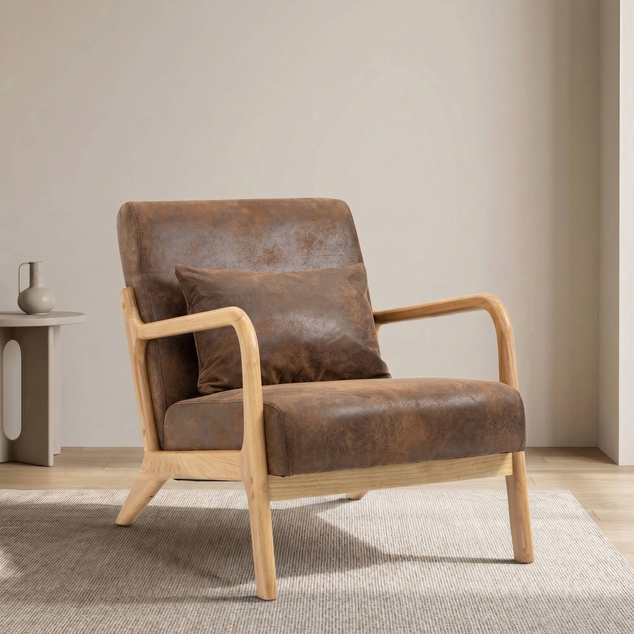 UHOMEPRO Mid-Century Accent Chair, Upholstered Wood Frame Armchair with ...