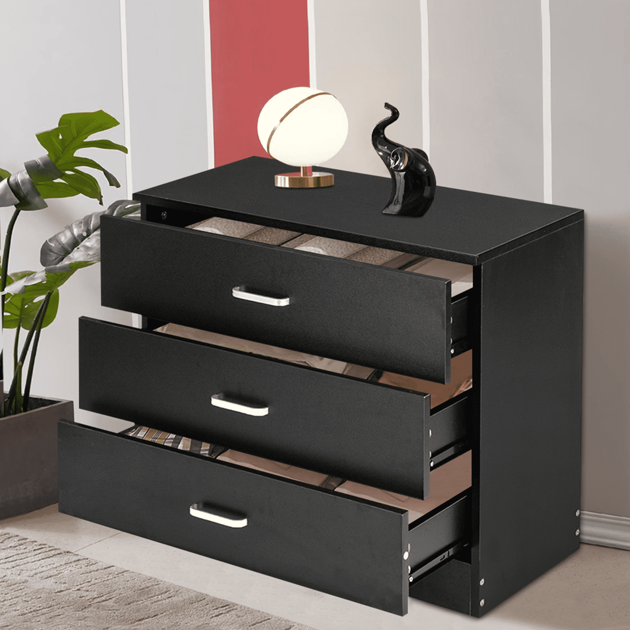 UHOMEPRO Nightstand, Modern 3 Drawer Nightstand, Black Nightstand with ...