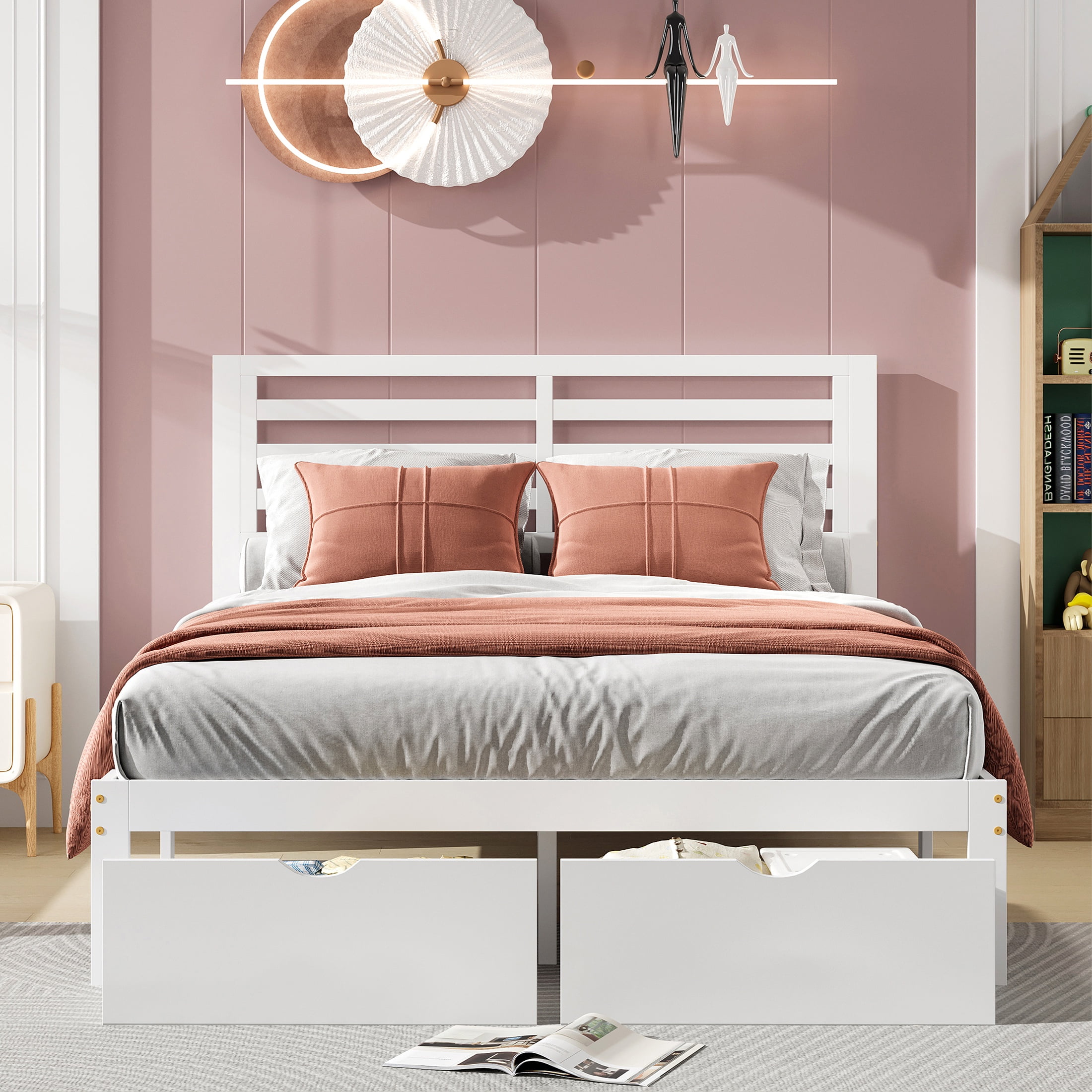 Full Bed Frame with 2 Drawers, UHOMEPRO Pine Wood Platform Bed Frame ...