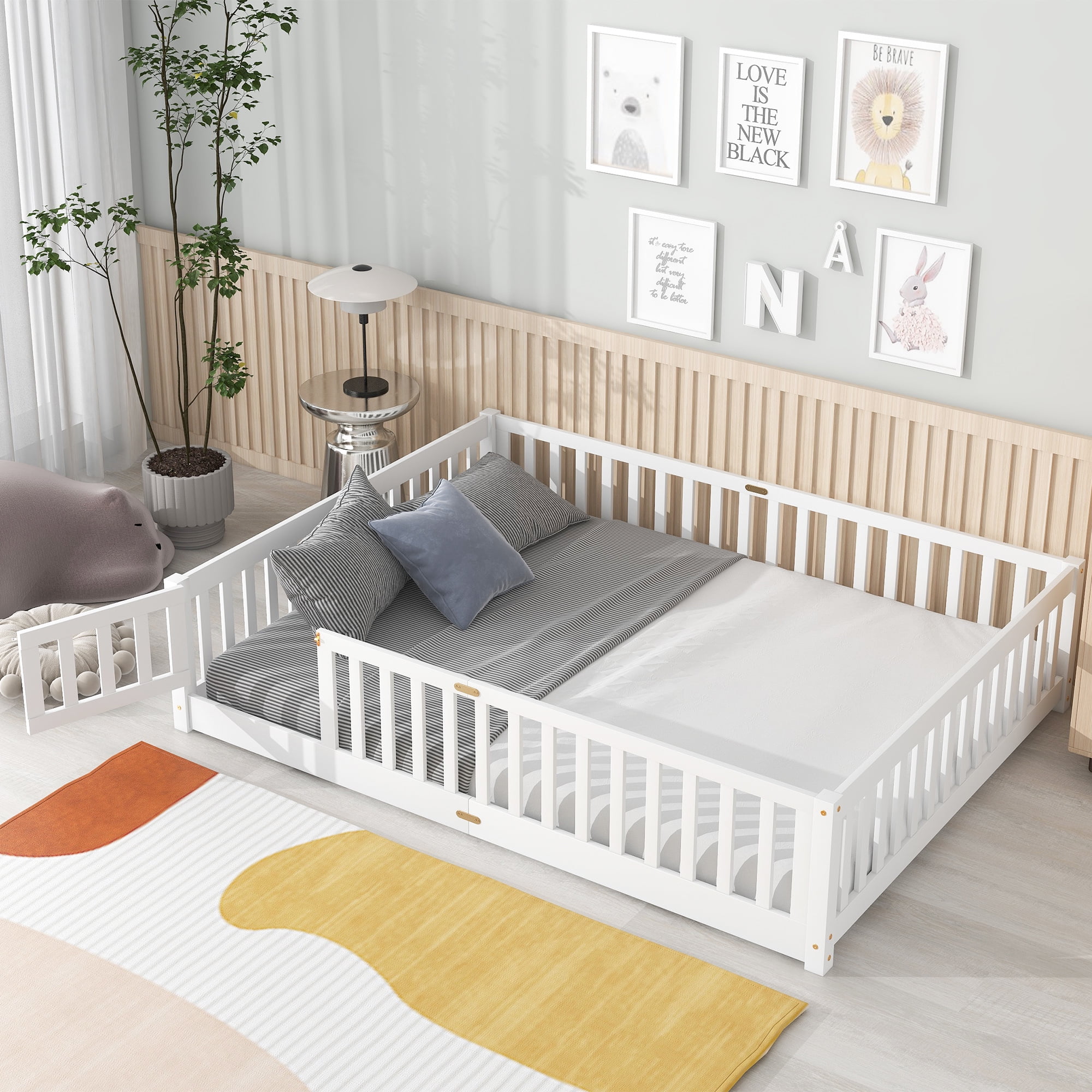 uhomepro Queen Size Floor Bed with Door and Fence, Solid Wood, White ...