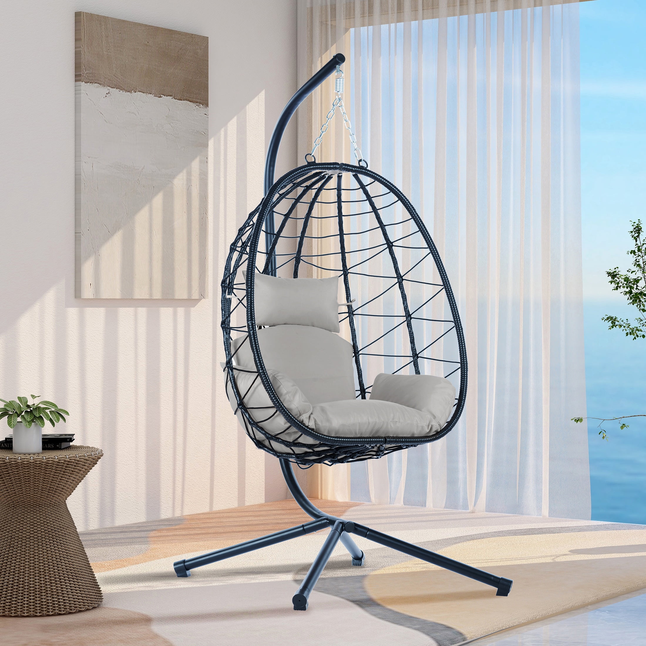 UHOMEPRO Rattan Swing Egg Chair with Stand, Indoor Outdoor Patio Wicker ...