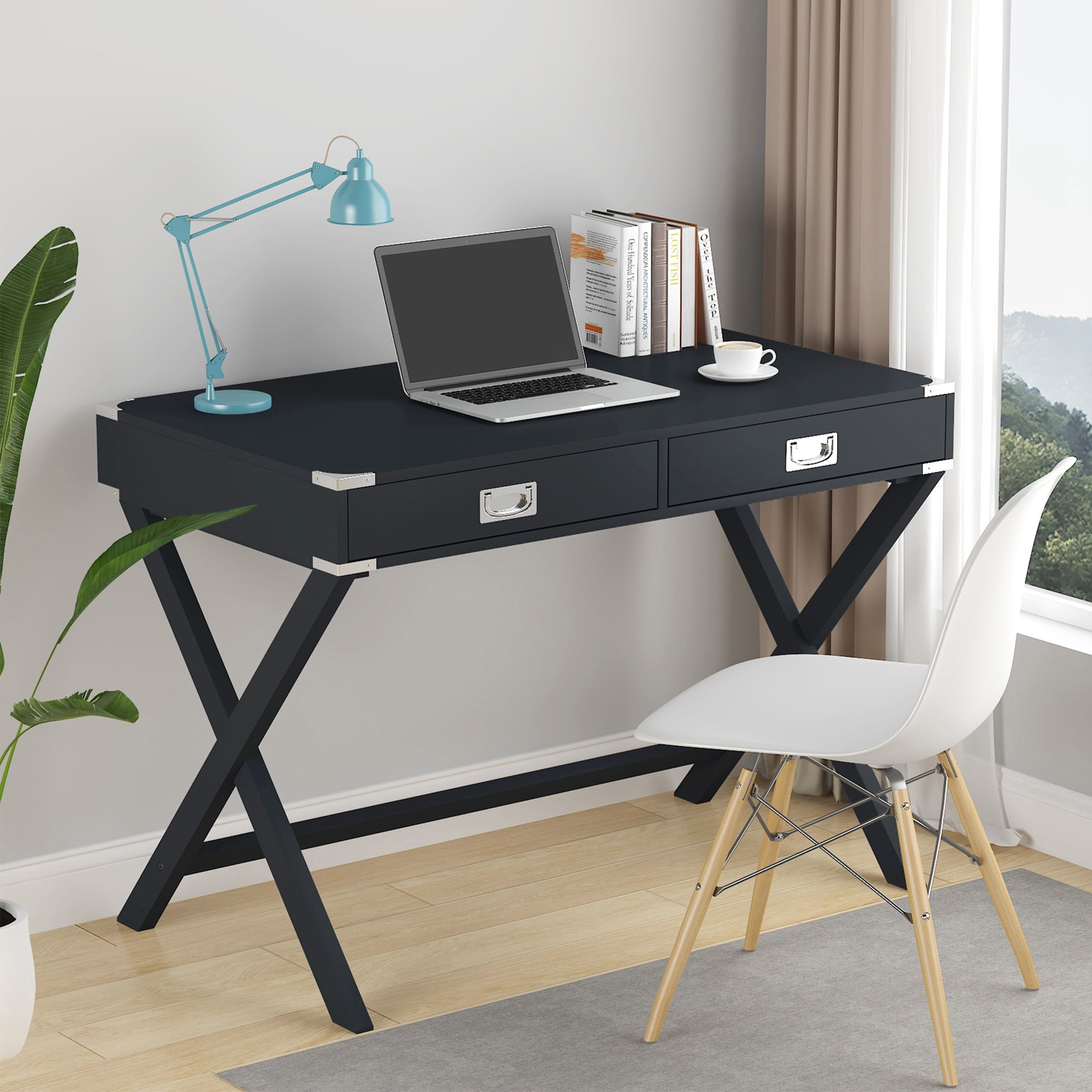 UHOMEPRO Simple Computer Desk with Drawers, X-Shape Leg Small Desk with ...