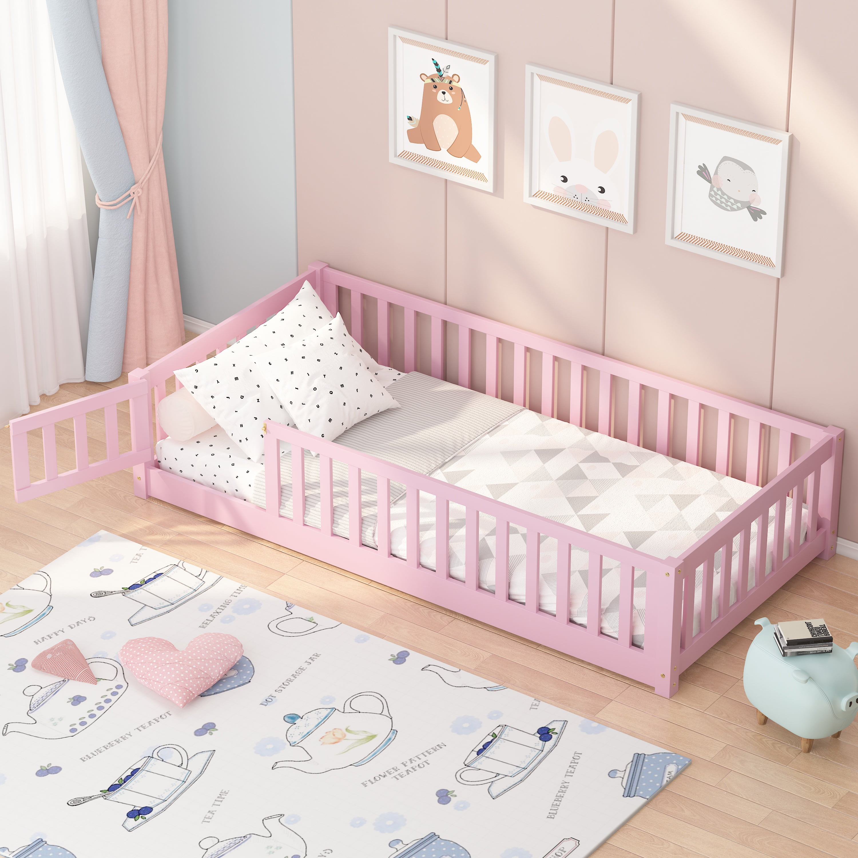 uhomepro Kids Toddler Bed with Fence and Door, Twin Size Wood Frame ...