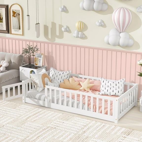Jopath Twin Size Floor Bed with Slats, Montessori Floor Bed with Fence ...