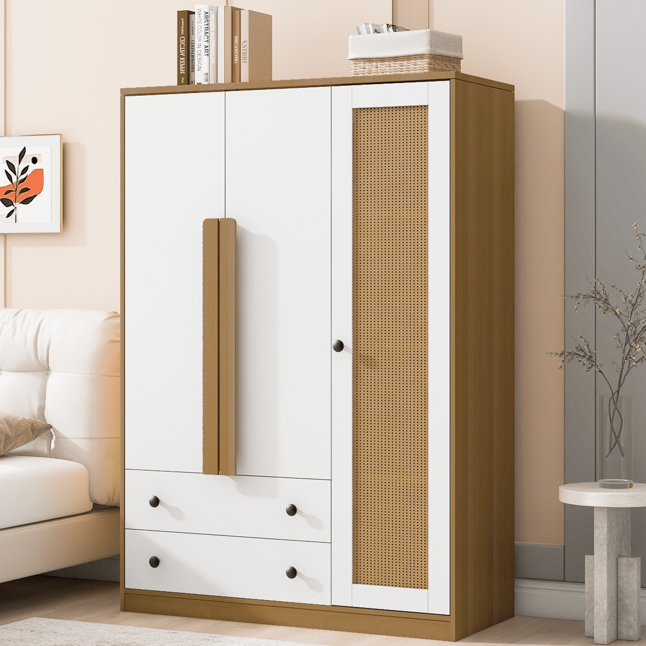 UHOMEPRO Wardrobe Closet with 2 Drawers and 3 Doors, Freestanding ...