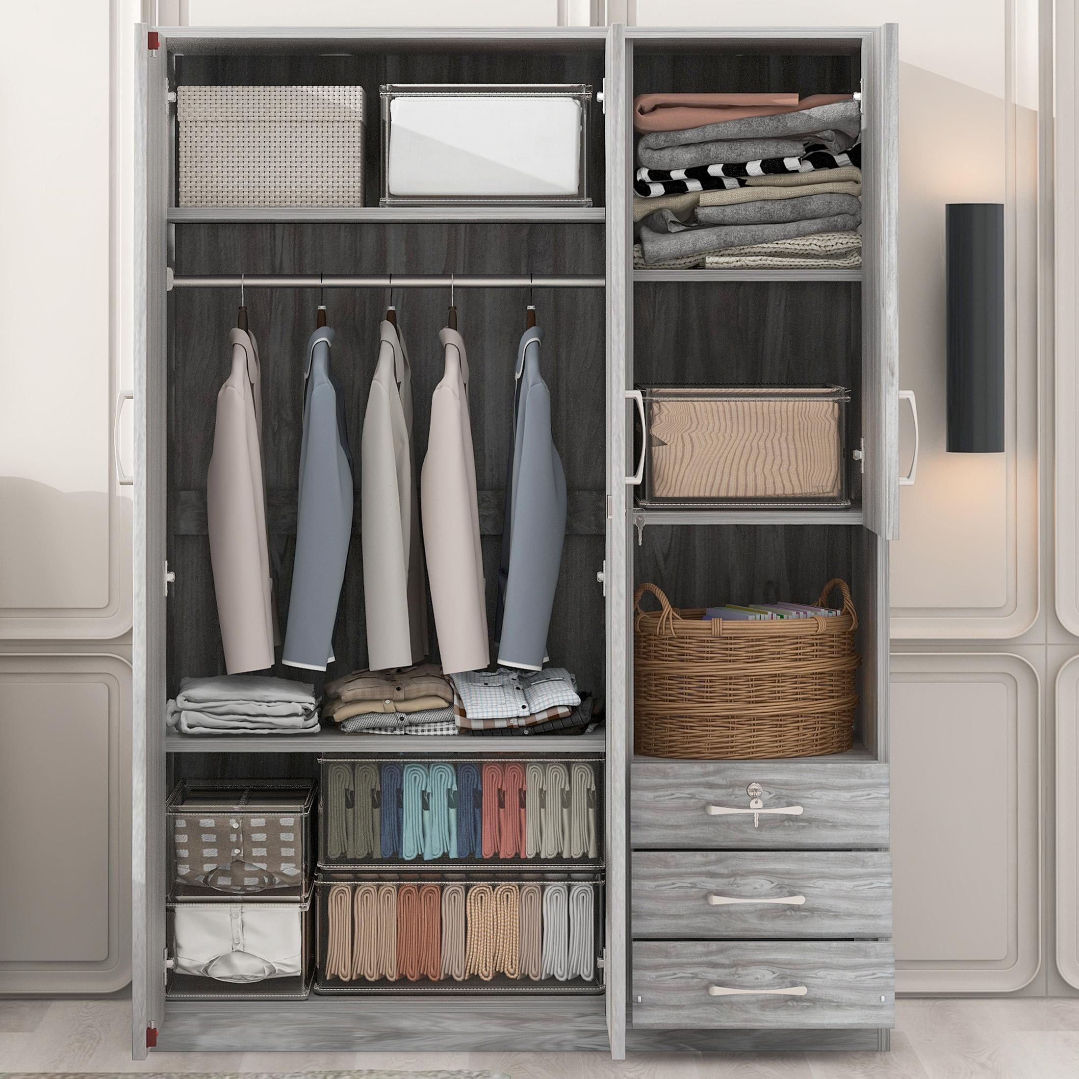UHOMEPRO Wardrobe Closet with 3 Drawers and 3 Doors, Freestanding ...