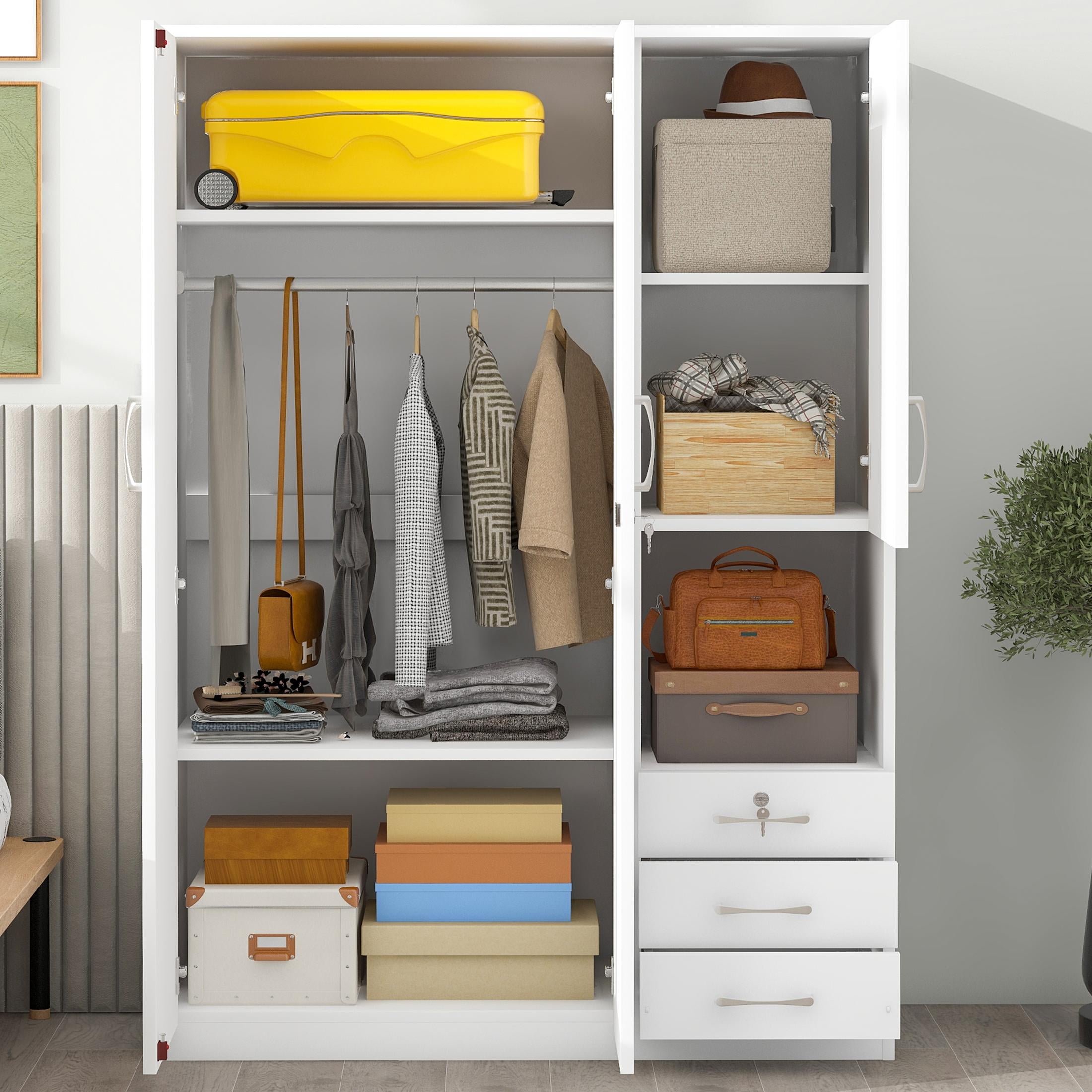 UHOMEPRO Wardrobe Closet with 3 Drawers and 3 Doors, Freestanding ...