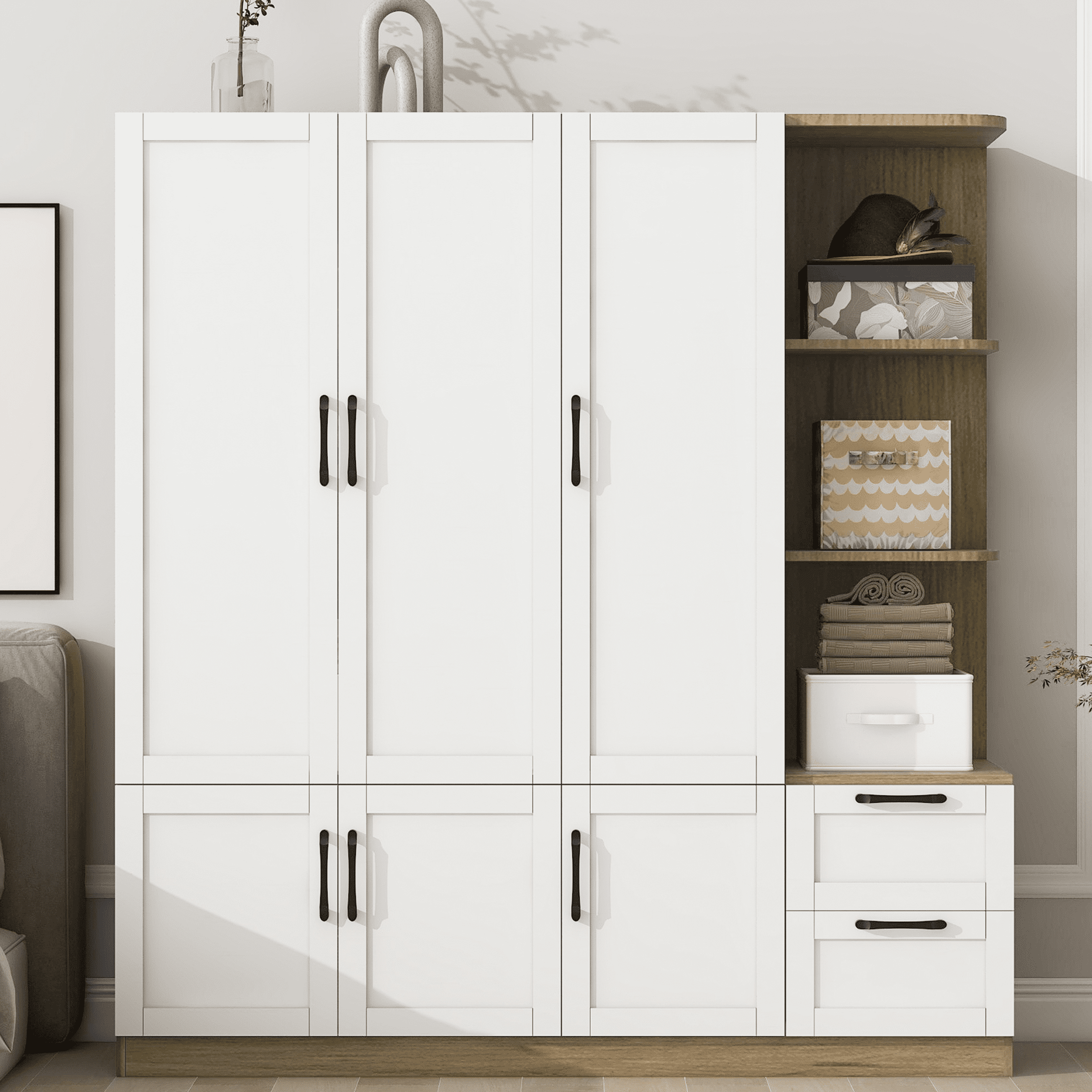 UHOMEPRO White Wooden Storage Wardrobe with 3 Doors and 2 Drawers ...