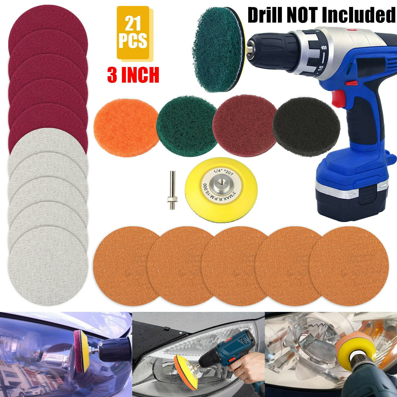 UHUSE 21pcs 3\" Car Headlight Polishing Scouring Pad Auto Restoration ...
