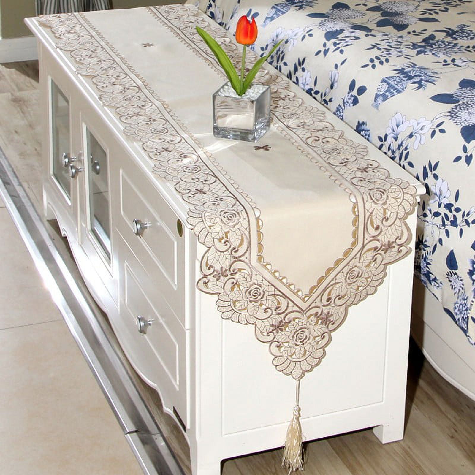 UHUSE Table Runner Embroidered Floral Lace Fabric Translucent Gauze ...