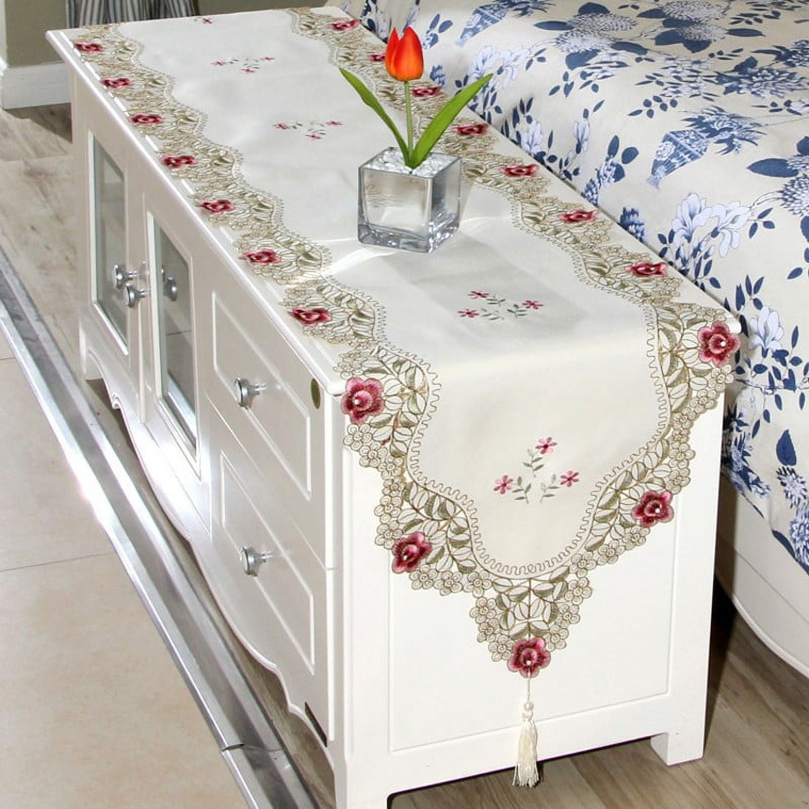 UHUSE Table Runner Embroidered Floral Lace Fabric Translucent Gauze ...