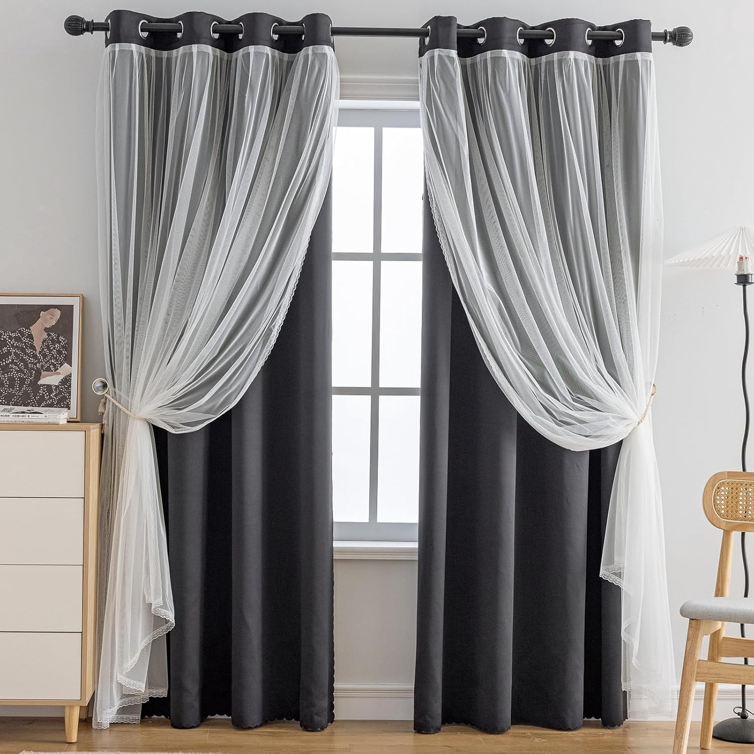 UIGYIBOR Curtains Blackout and Sheer Layered Solid Window Curtain Panel ...