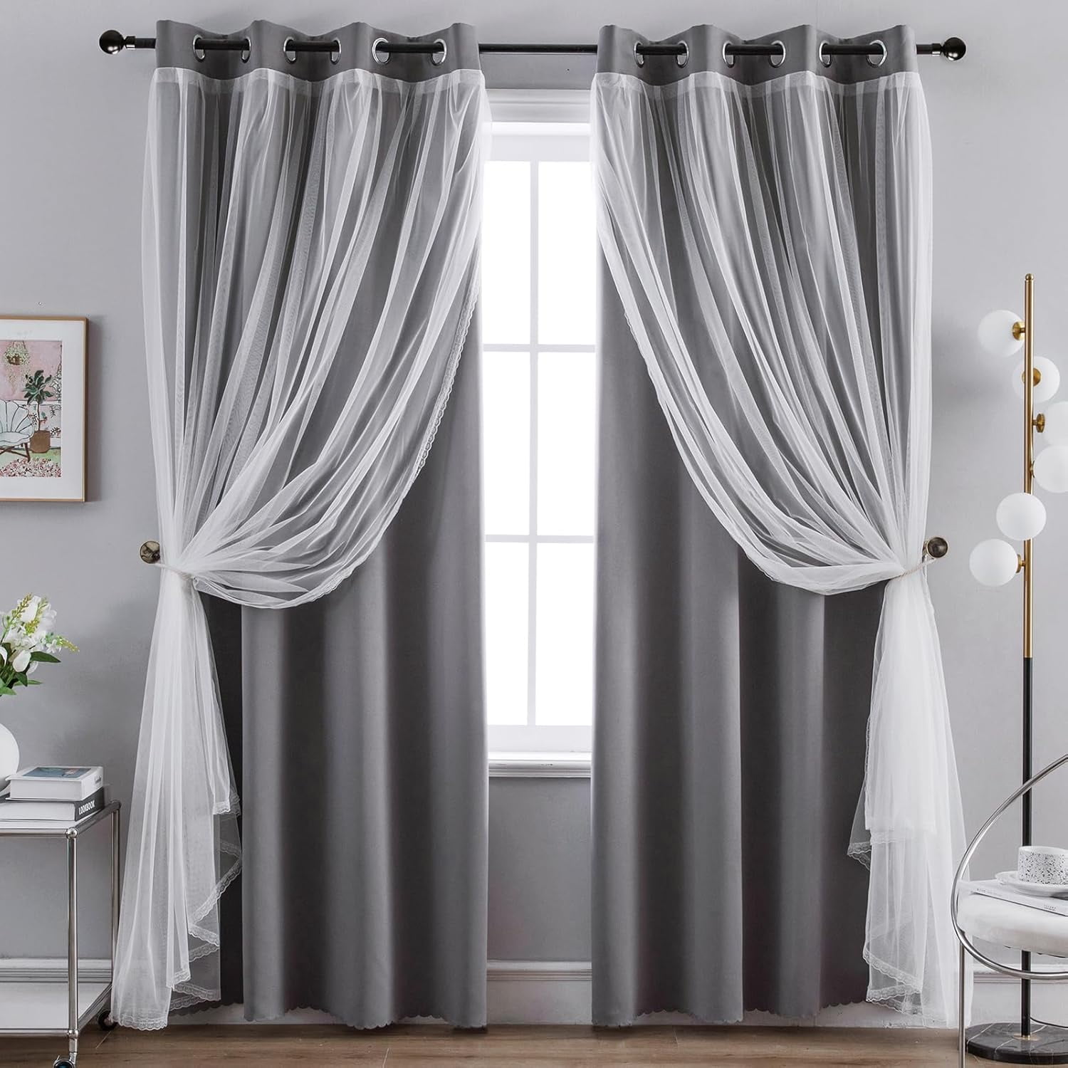 UIGYIBOR Curtains Blackout and Sheer Layered Solid Window Curtain Panel ...