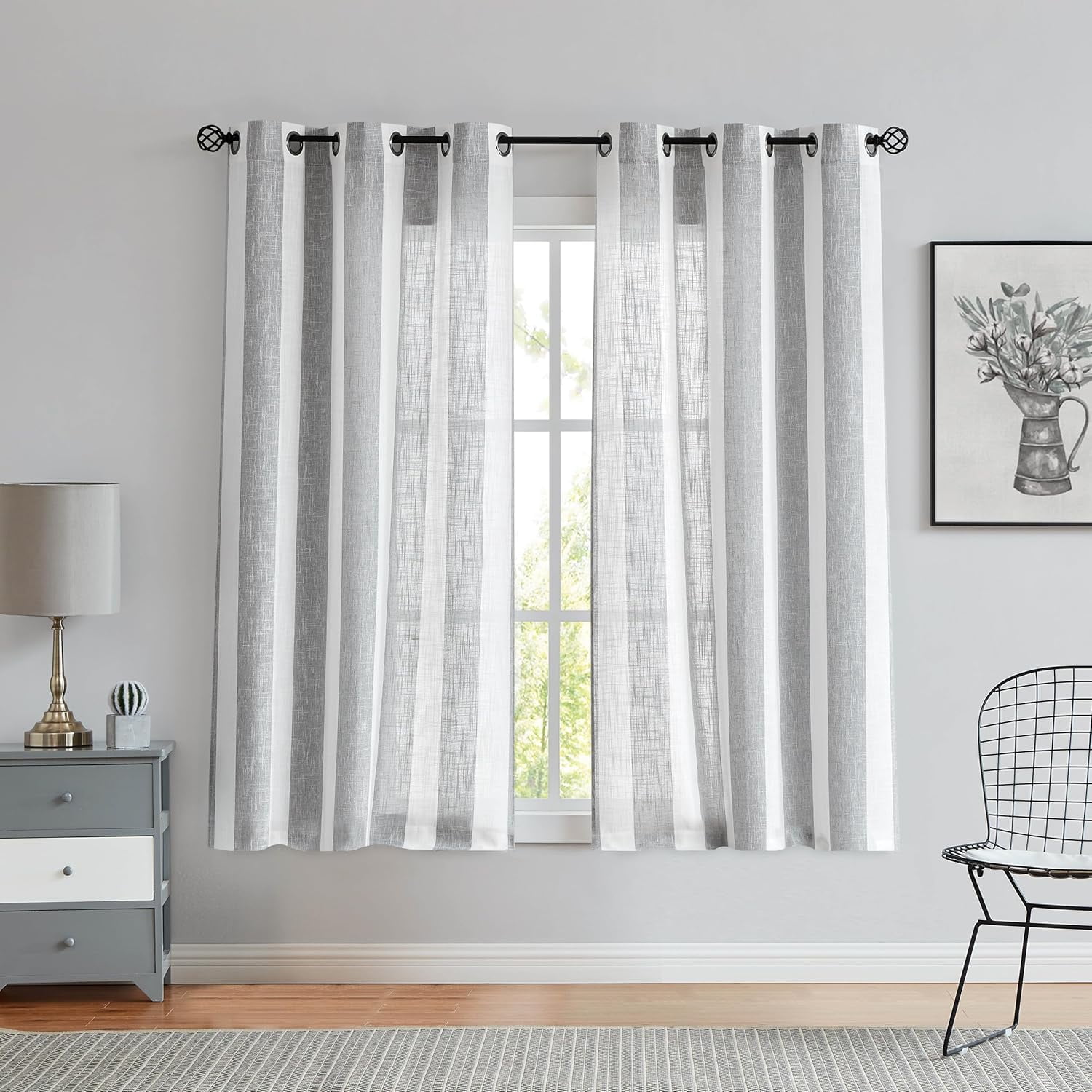 UIGYIBOR Gray Stripe Farmhouse Curtains Semi-Sheer Rayon Blend Heavy ...
