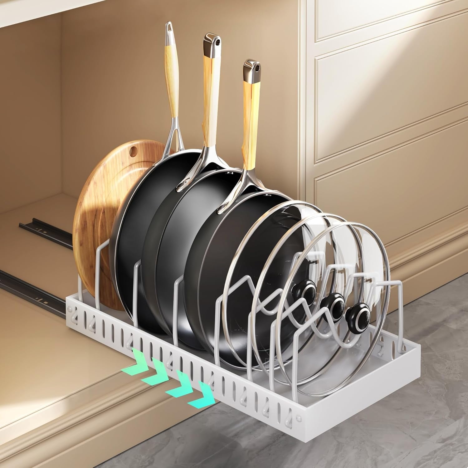 UIGYIBOR Pull Out Pots and Pans Organizer Under Cabinet Sliding Lid ...