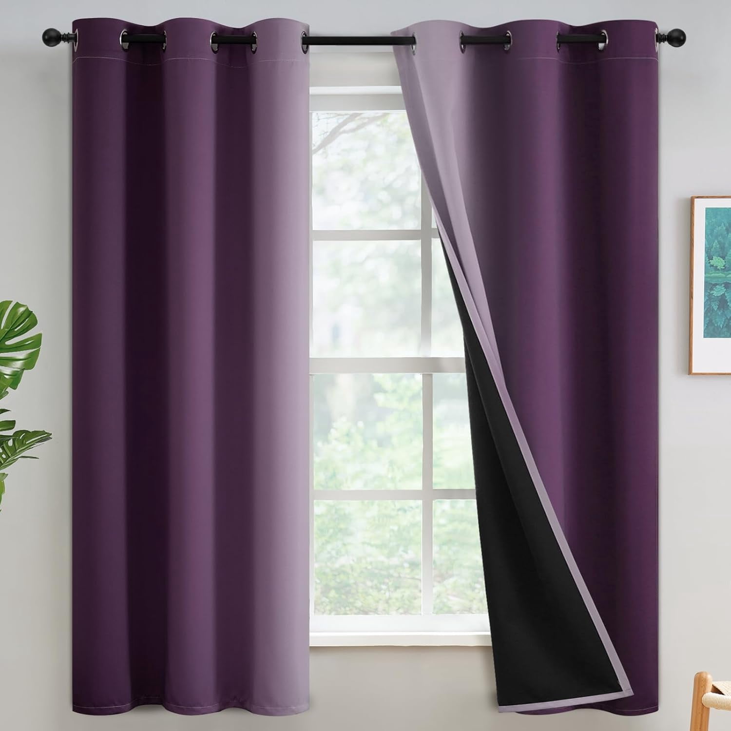 UIGYIBOR Purple 100% Blackout Curtains for Bedroom Ombre Room Darkening ...