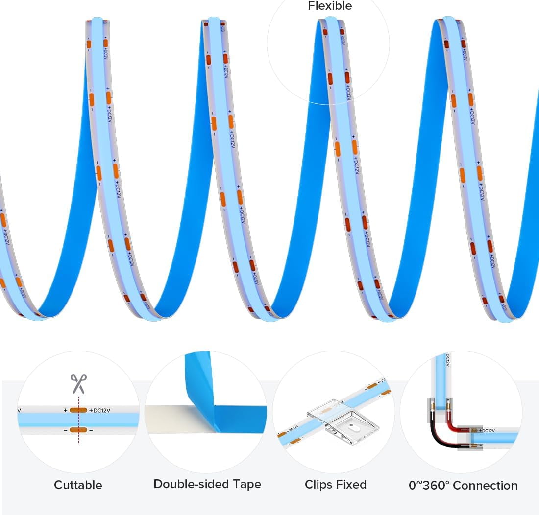 UITTG-16.4FT COB LED Strip Light Blue, 24V 8MM Width Flexible High ...