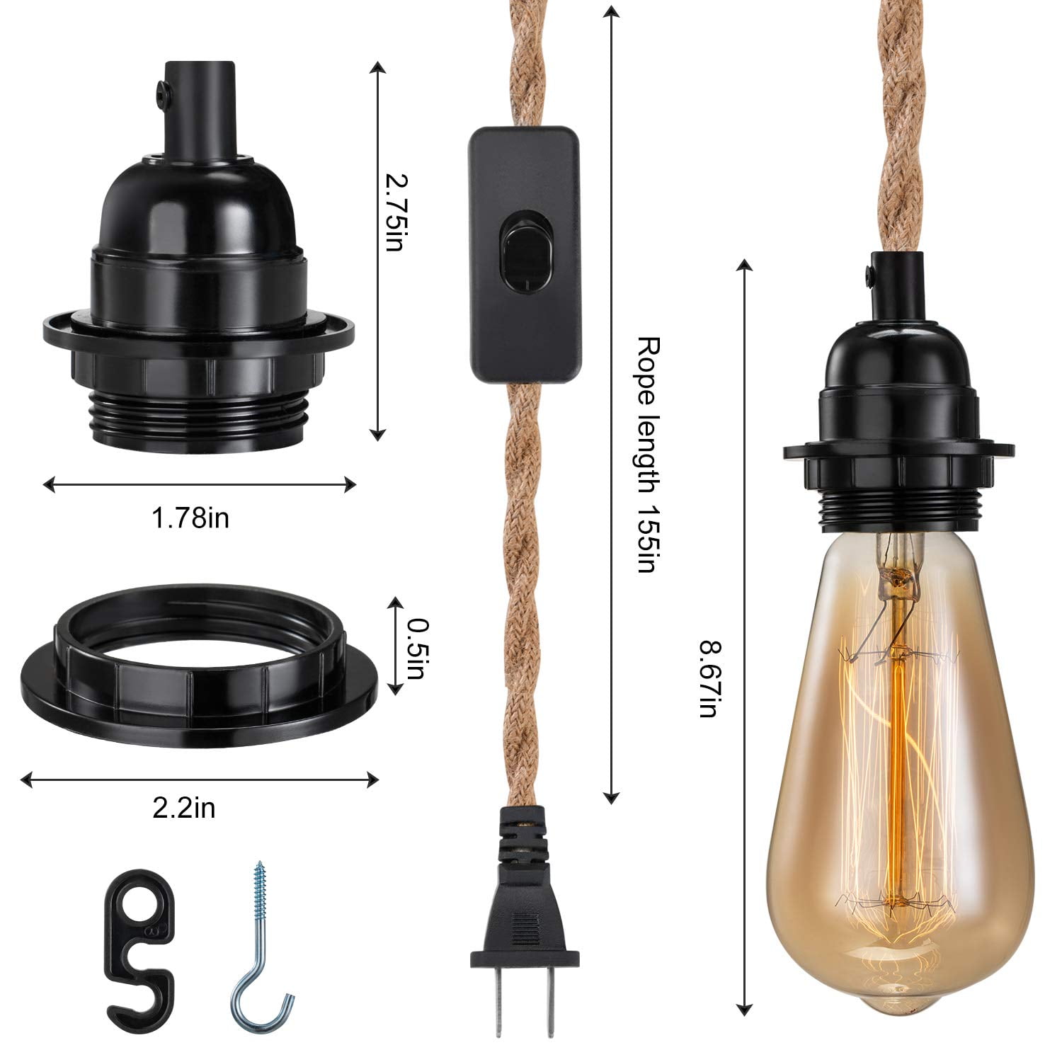 UITTG-2 Pack Vintage Hanging Light Cord Kit with Switch, 13.12FT ...