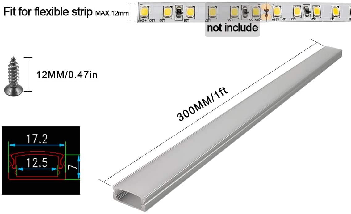 UITTG-6-Pack 30cm/1ft 17.2x7mm Led Aluminum Channel System U Shape with ...
