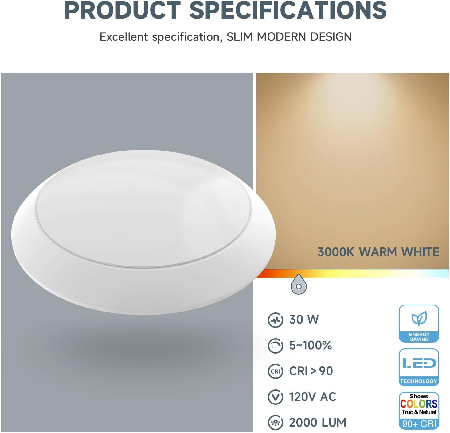 UITTG-8 inch LED Dimmable Disk Light, 30W, 2000 Lm, 3000K Warm White ...