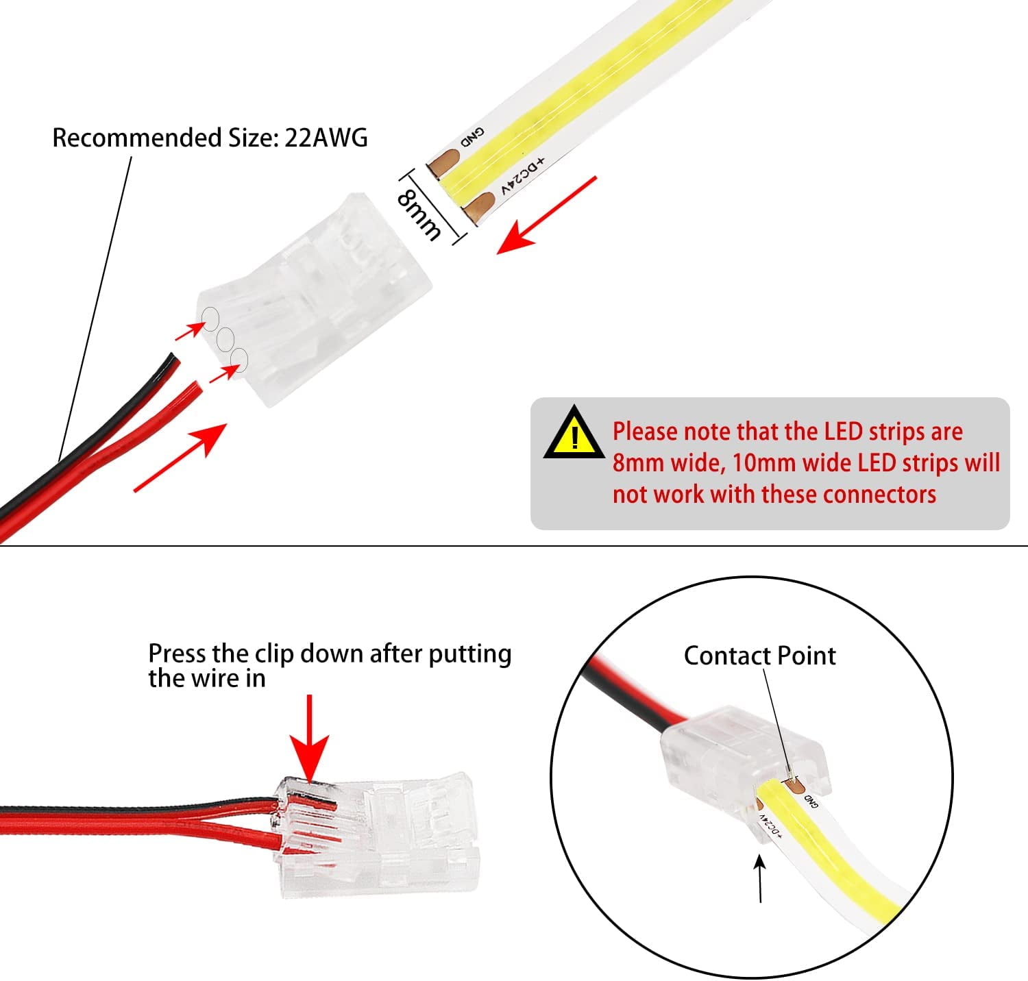 UITTG-8pcs 2-Pin 8mm COB LED Strip to Wire Connector Unwired Clips ...