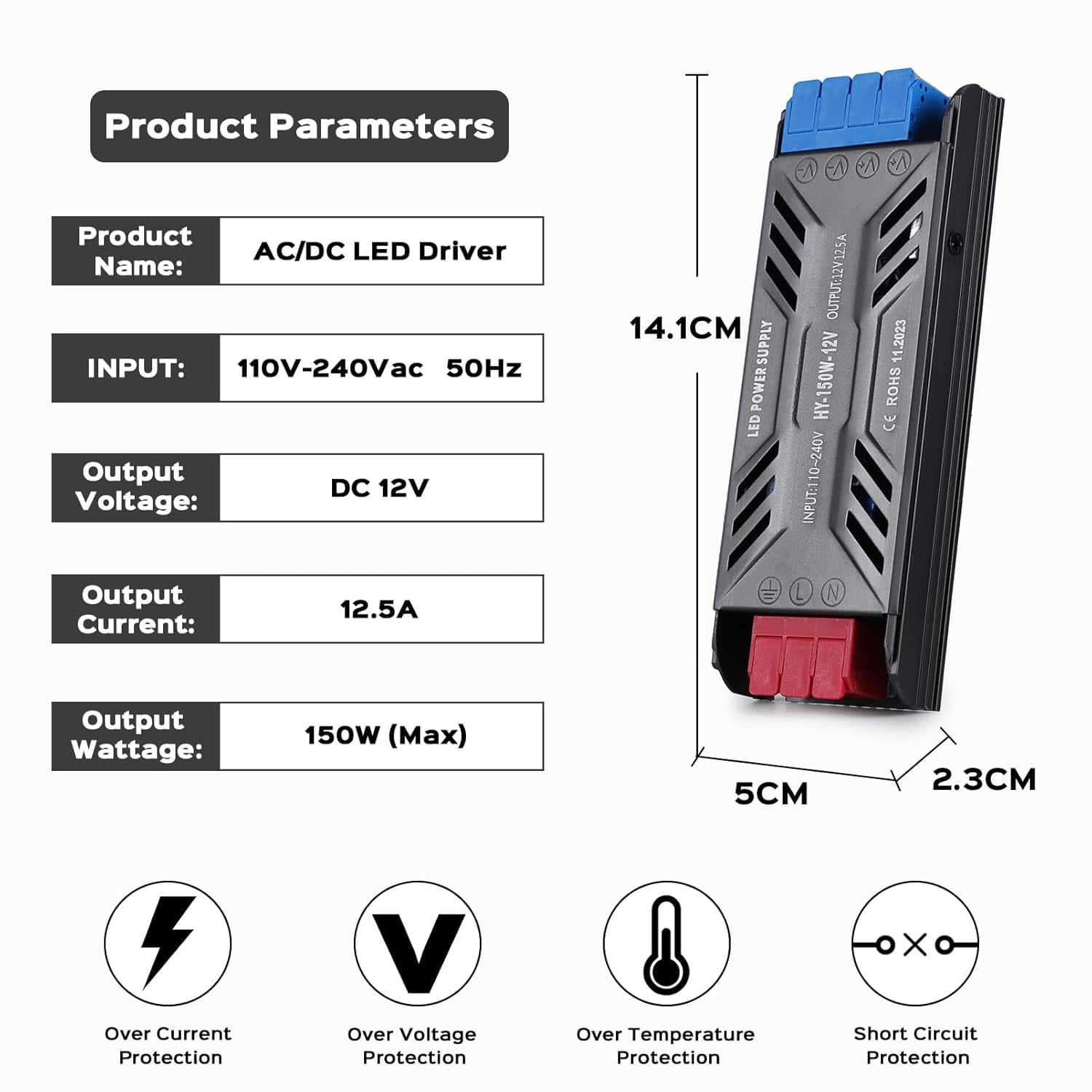 UITTG-LED Power Supply 12V 150W LED Driver LED Transformer AC 120V to 12V DC 12.5A Low Voltage ...