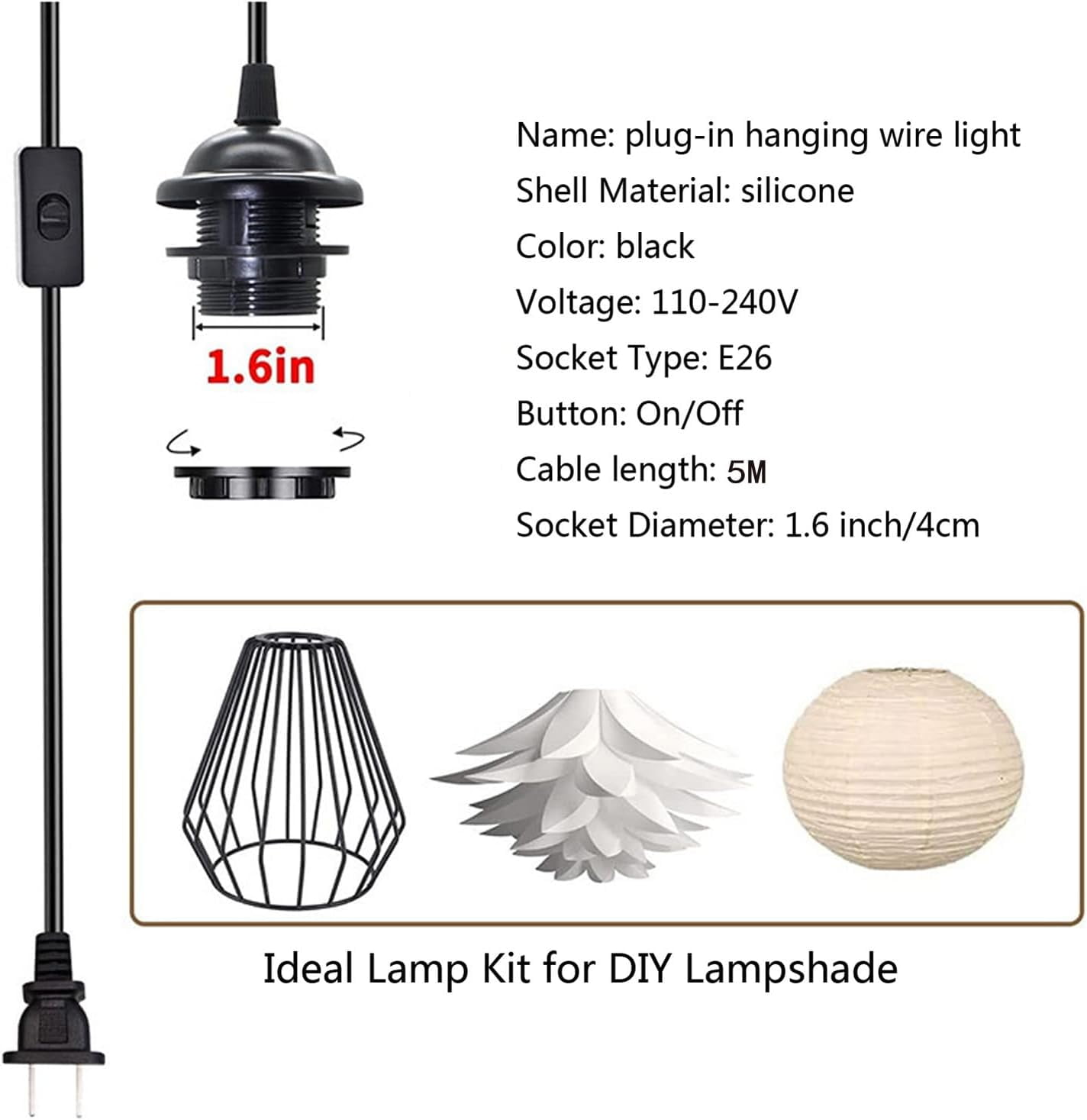 UITTG-Plug in Pendant Light Hanging Kit with in Line Cord Switch On Off ...