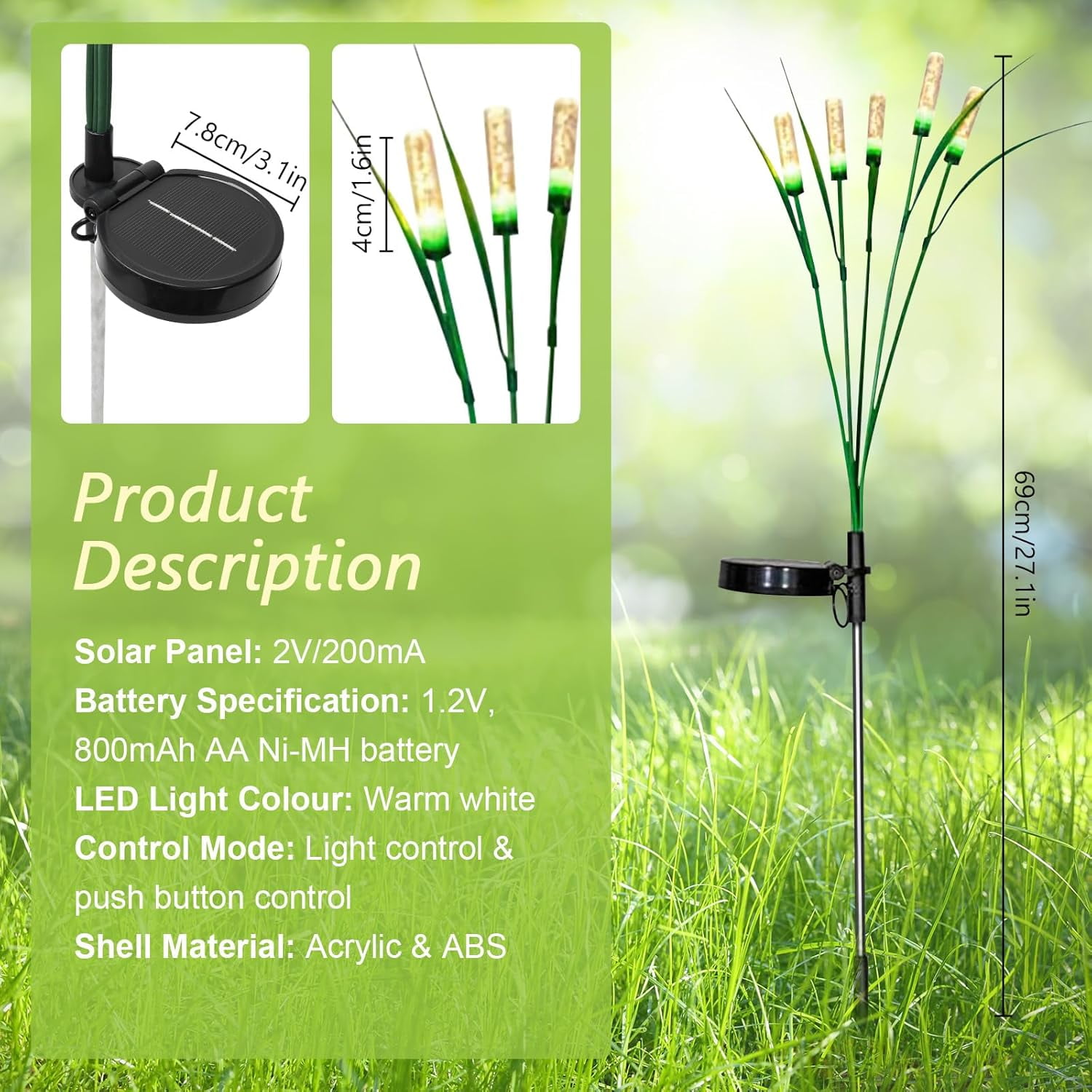 UITTG-Reed Solar Garden Lights Outdoor, 15.7 Inch 2 pack 12 LED Solar ...