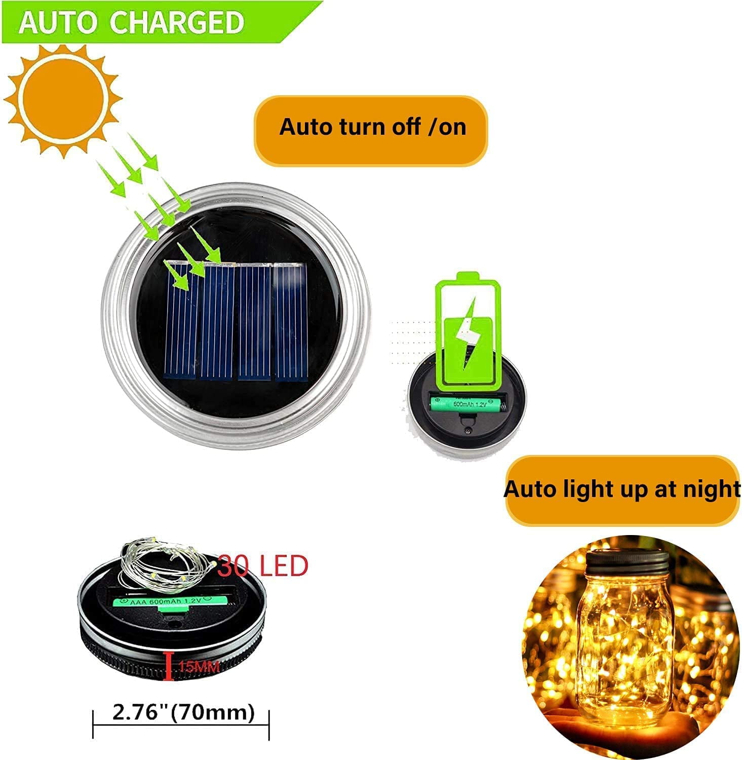 UITTG-Solar Mason Jar Lights Lids, 8 Pack 30 Led Fairy Lights(Jars Not ...