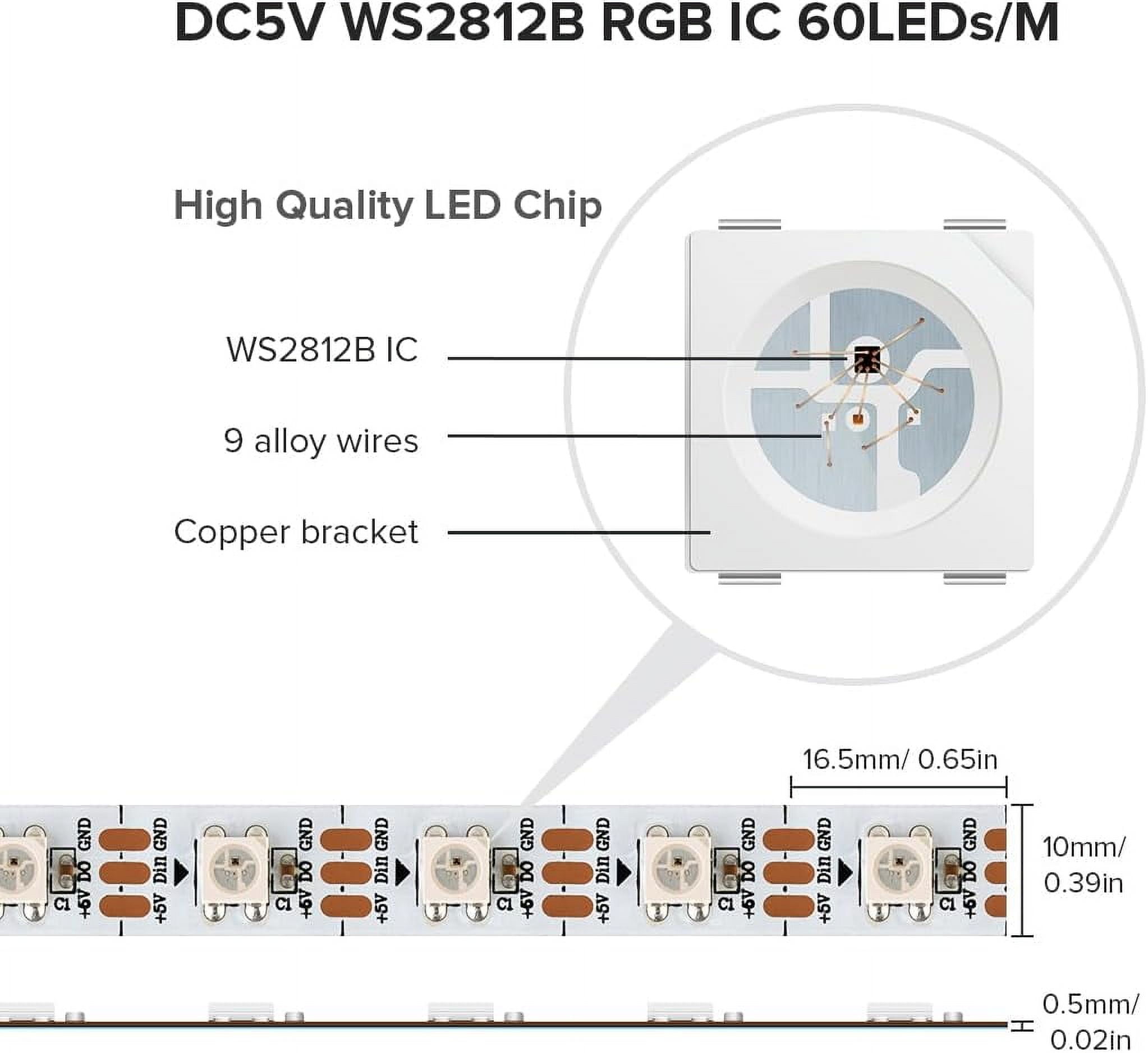 UITTG-WS2812B LED Strip Light 16.4FT 60Pixel/M 300LEDs DC5V Individual Addressable LED Strip ...